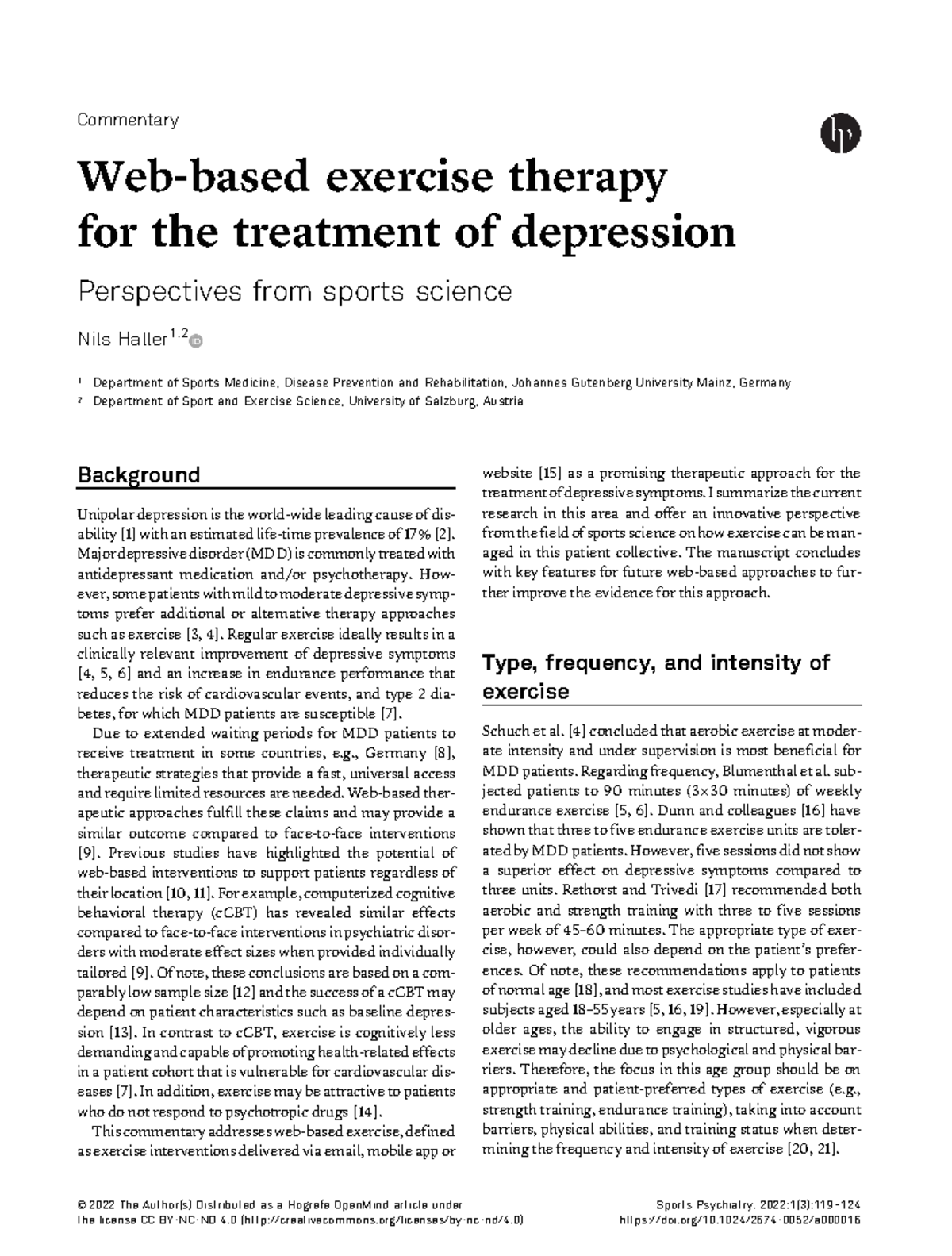 Web-based Exercise Therapy for Depression: A Sports Science Insight ...