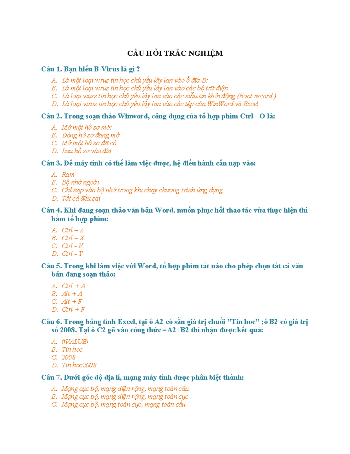 CÂU HỎI TRẮC NGHIỆM VỀ WORD VÀ EXCEL - CTH 2023 - Studocu
