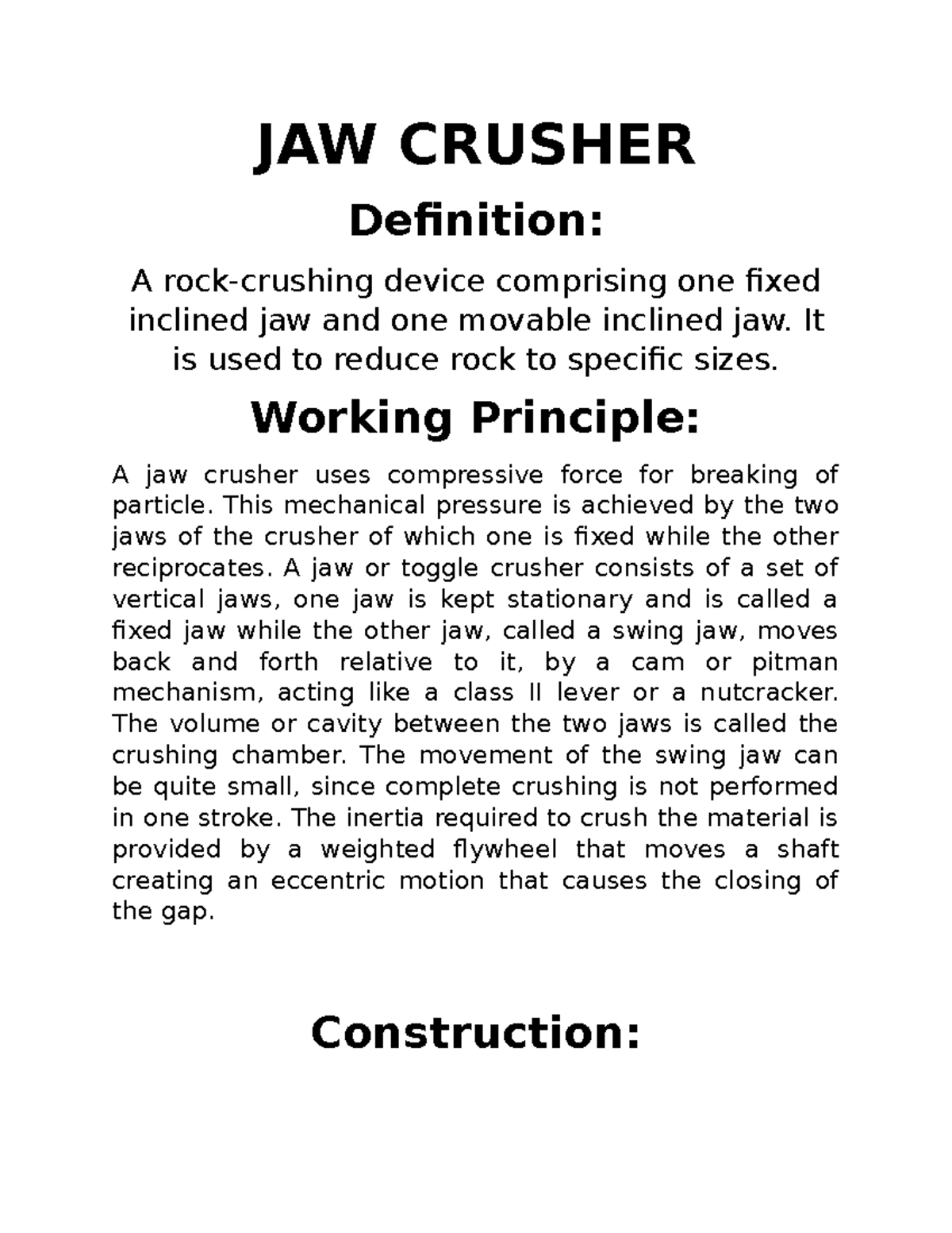 Blake and Dodge Jaw Crushers: Definition, Types, and Features - Studocu