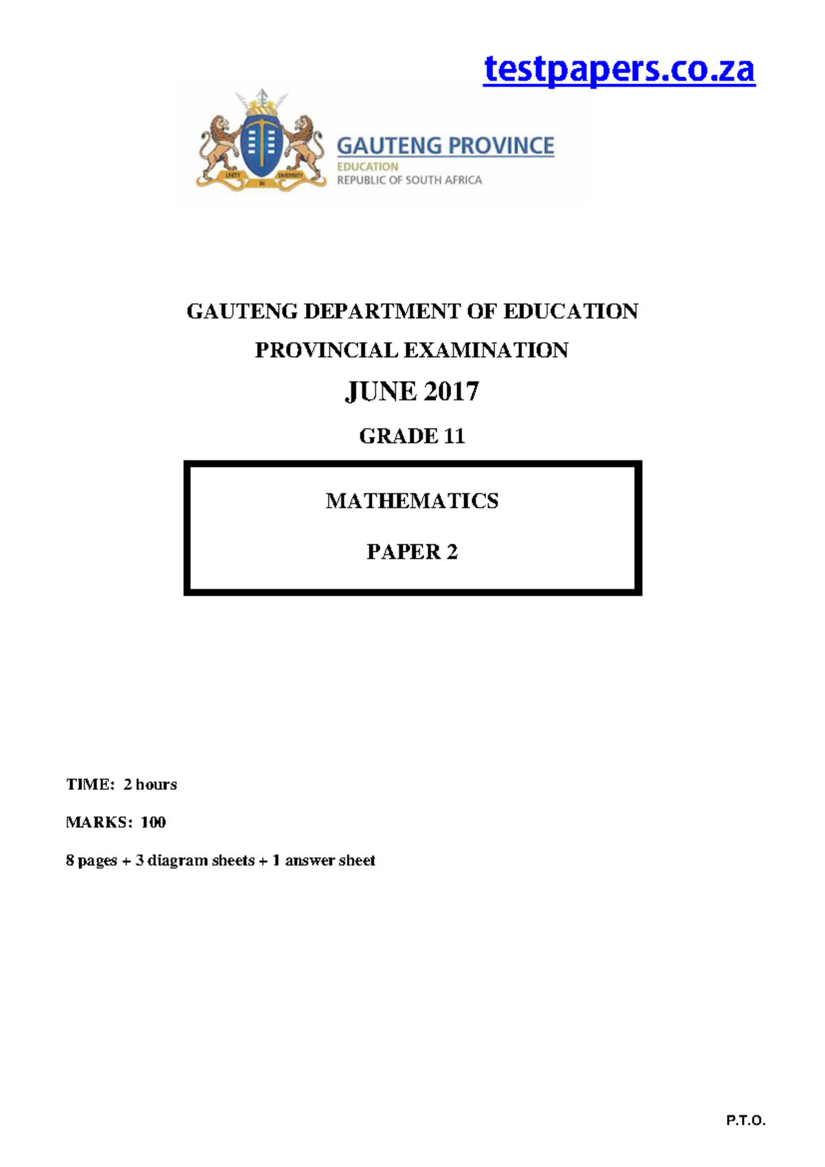Grade 11 Math P2 June 2017 Exam Question Paper - Studocu