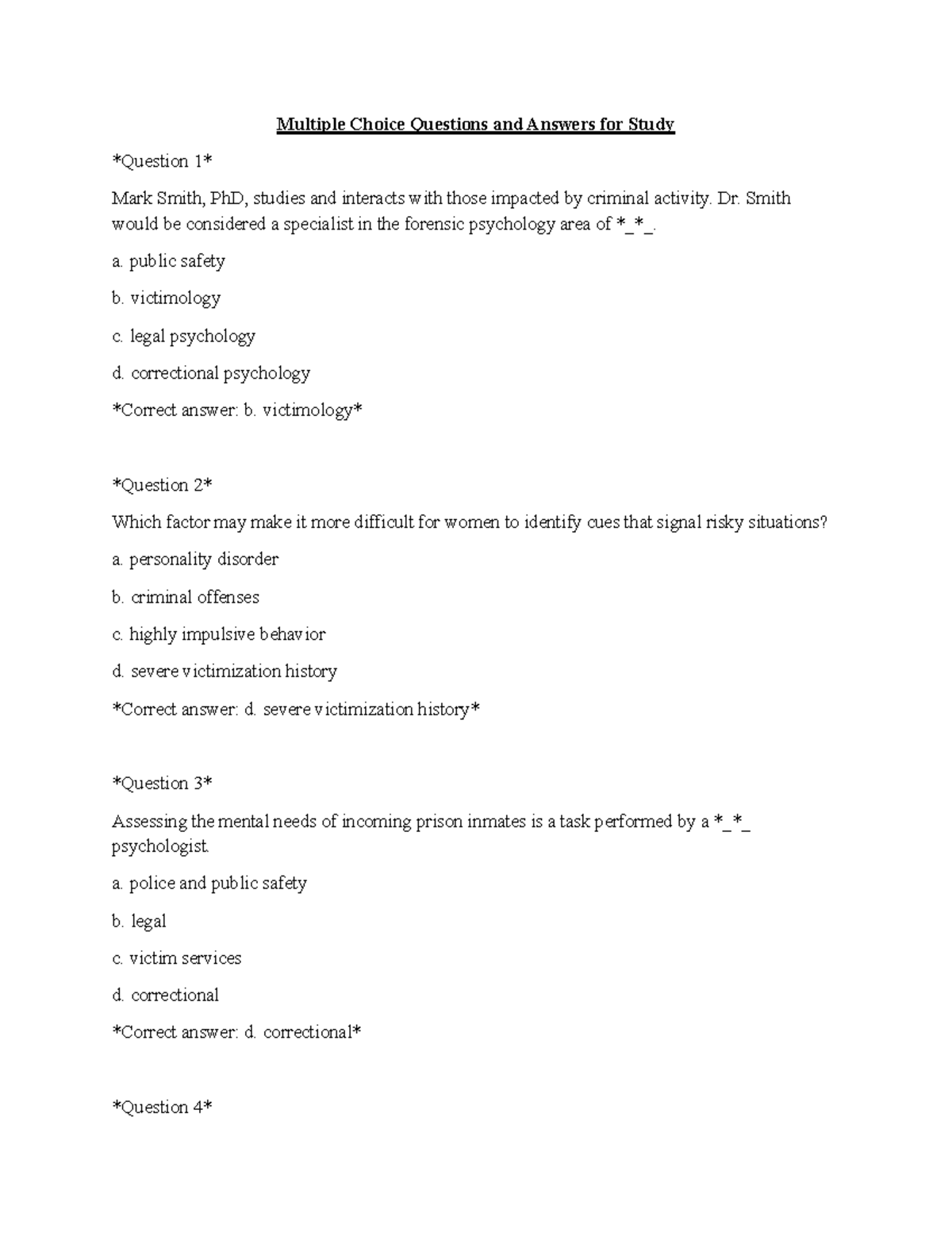 Forensic Psychology MCQs Study Guide (PSY 301) - Studocu