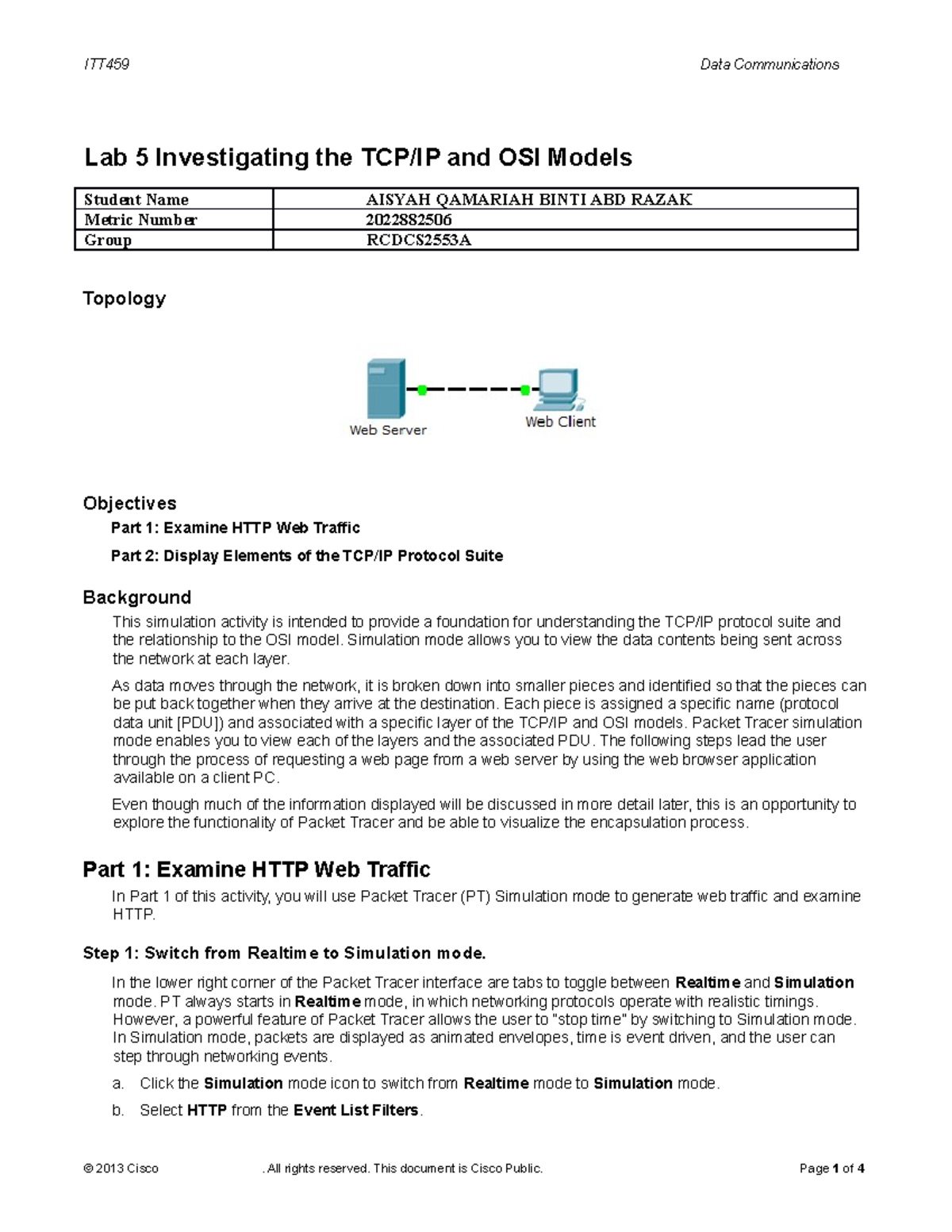 Lab 5: Exploring TCP/IP & OSI Models in Packet Tracer (ITT459) - Studocu