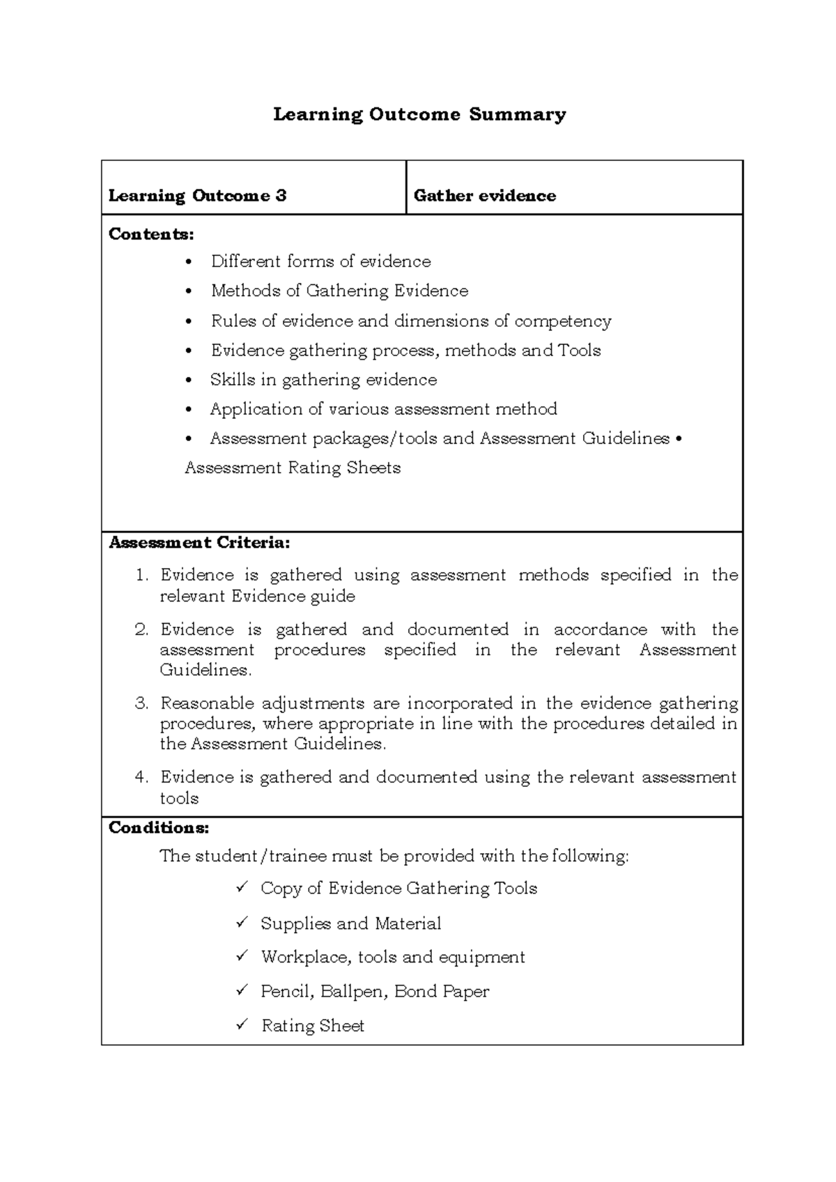 LO3 Gather Evidence: Methods & Rules for Effective Assessment - Studocu