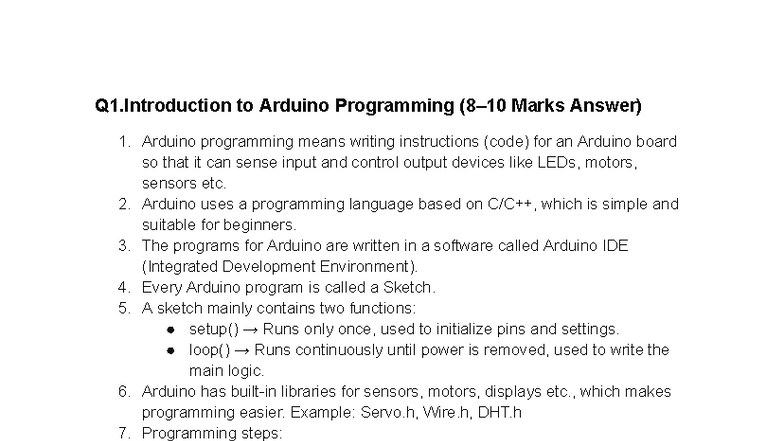 Unit 4: IoT - Introduction to Arduino Programming and Integration - Studocu