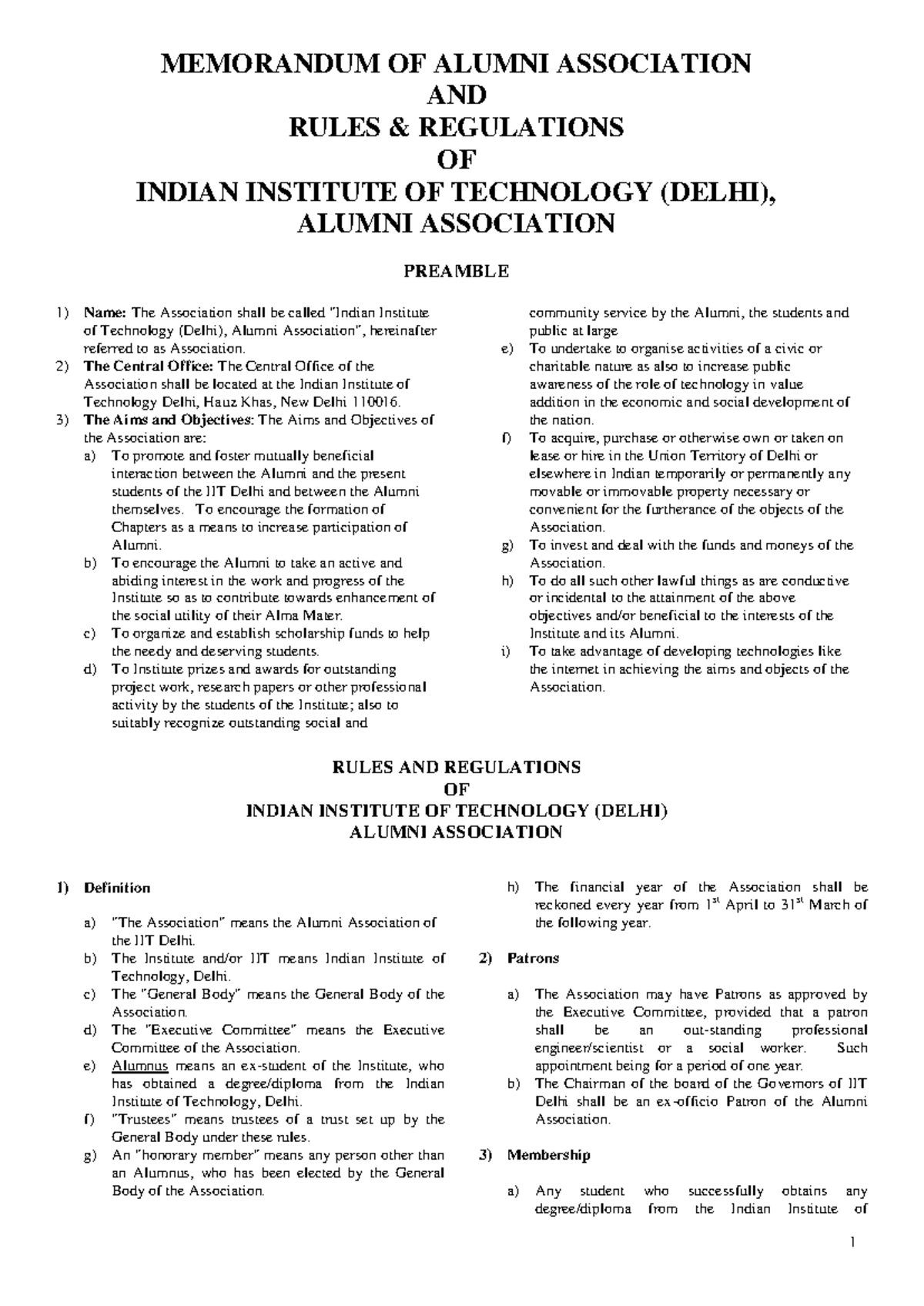 IIT Delhi Alumni Association Memorandum & Rules and Regulations - Studocu