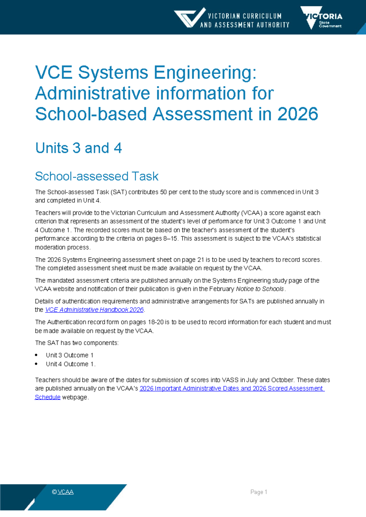VCE Systems Engineering 2026: Admin Info for SAT Assessment - Studocu
