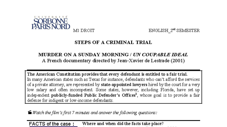 M1 DROIT ENGLISH_2nd SEMESTER Case Study: Murder on a Sunday Morning ...