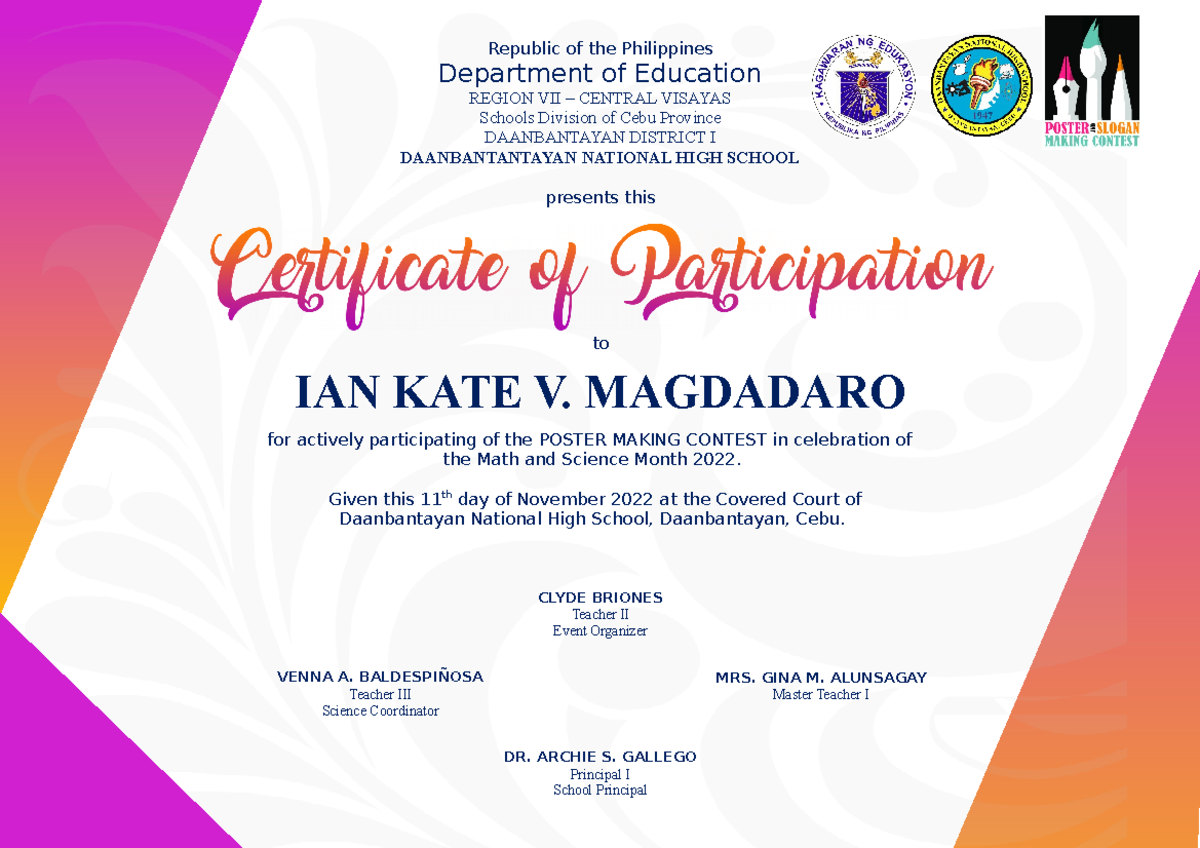 Poster Making Contest Participation Certificate 2022 - Studocu