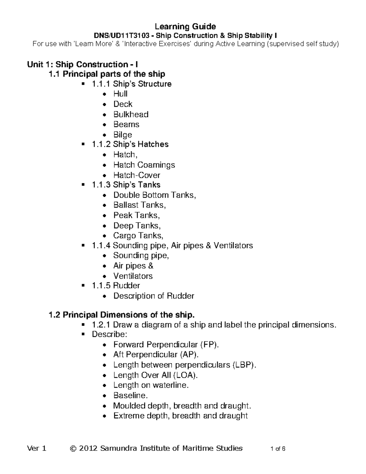 Unit 1 Learning Guide for DNS/UD11T3103: Ship Construction & Stability I - Studocu