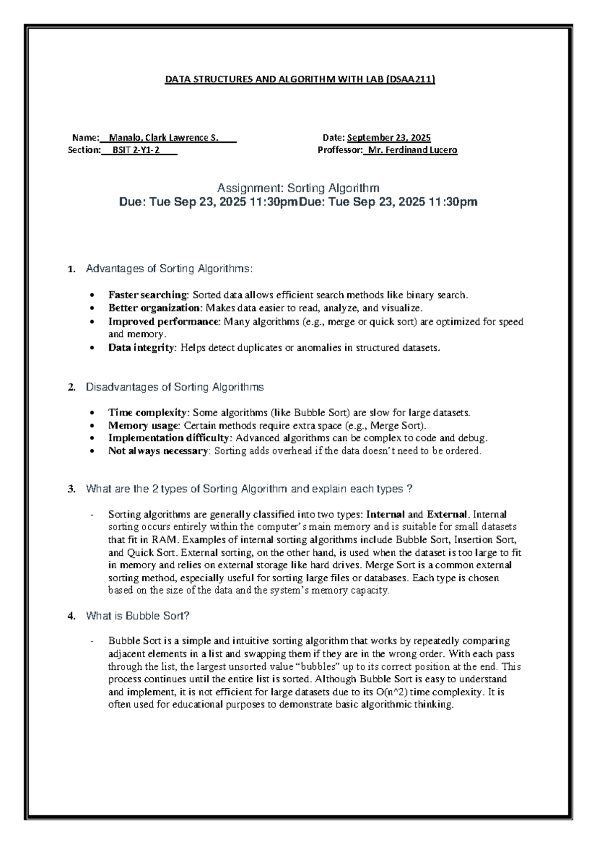 DSAA211 Assignment: Sorting Algorithms Overview and Analysis - Studocu