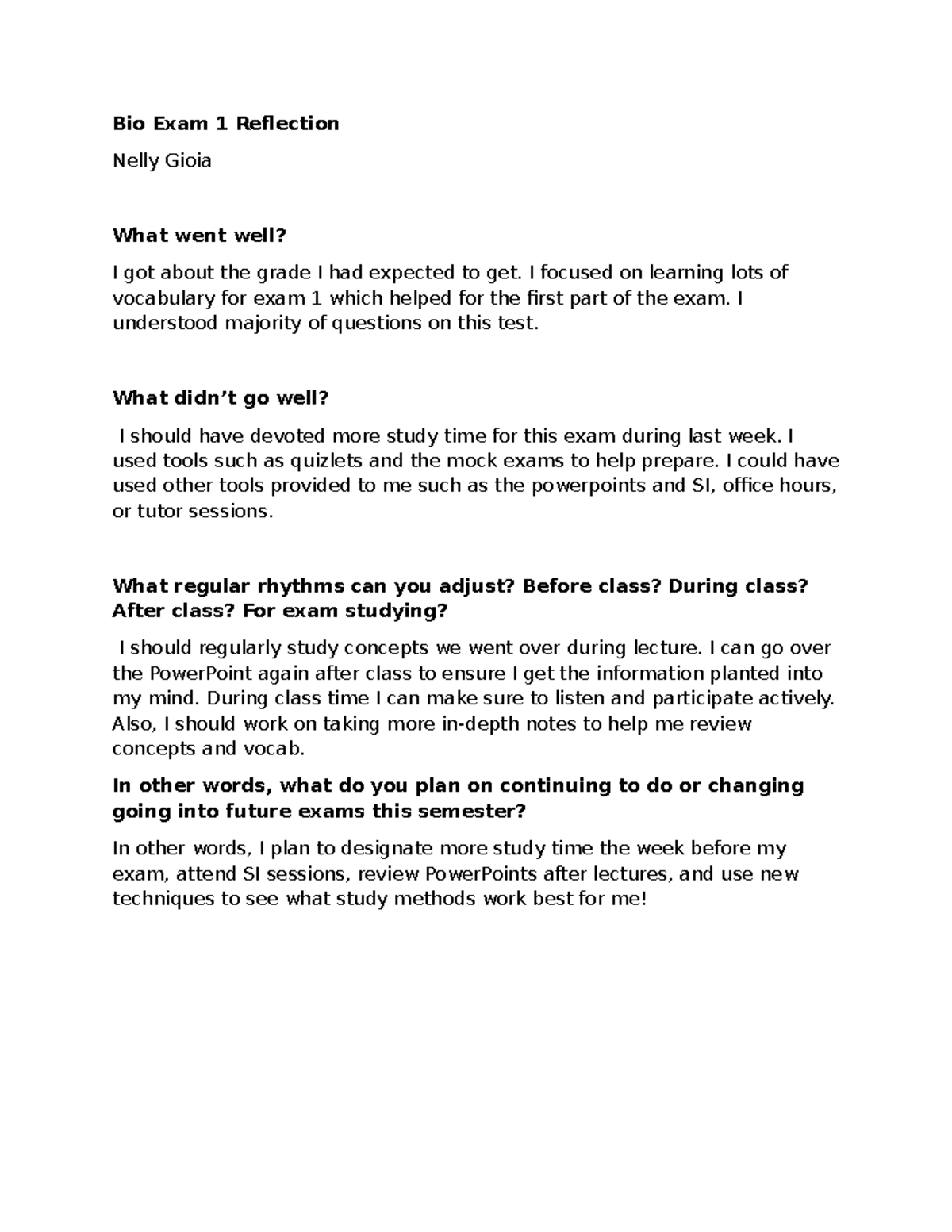 Bio Exam 1 Reflection - Bio Exam 1 Reflection Nelly Gioia What went ...