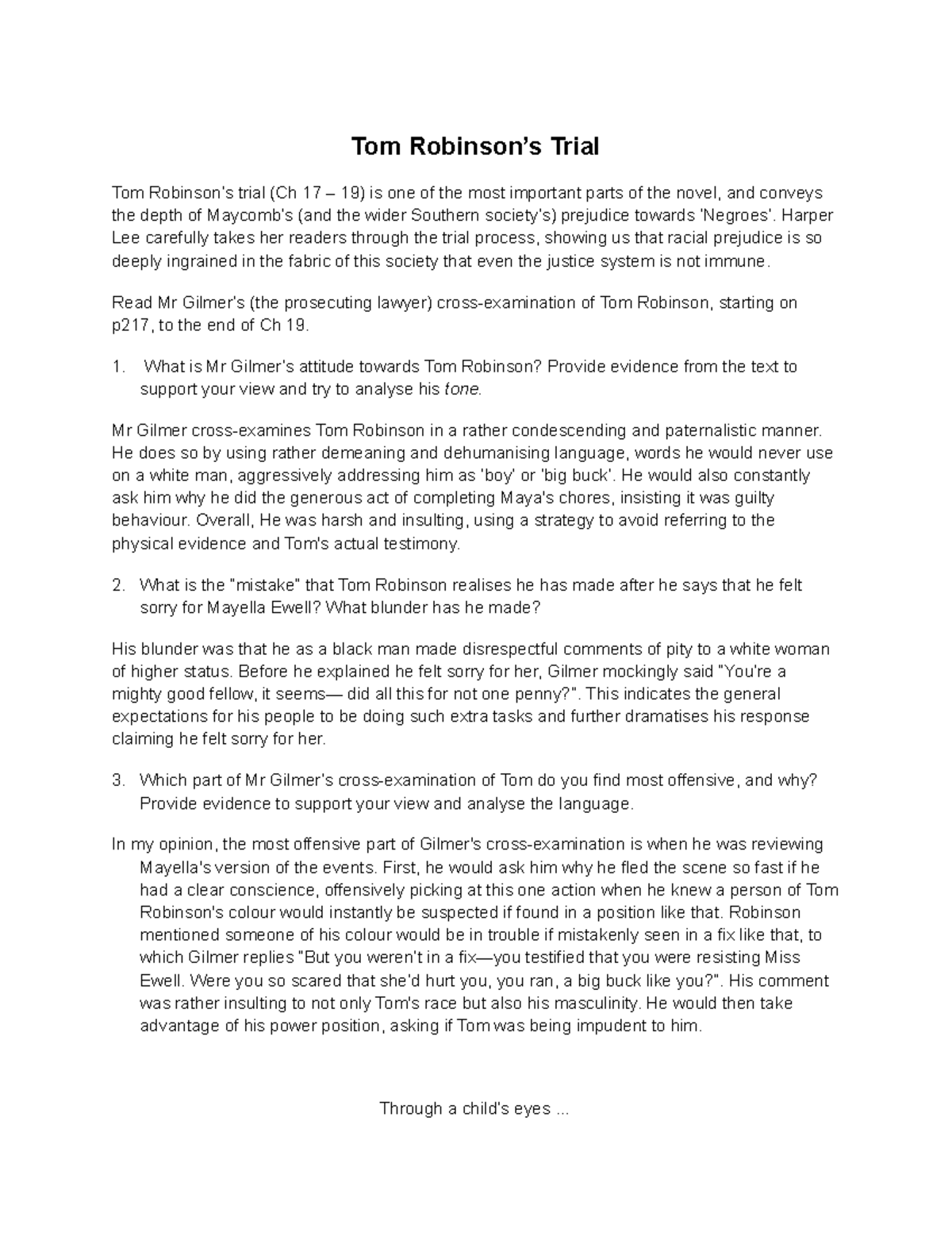 Tom Robinson's Trial Analysis (Ch 17-19) - TKAM Insights - Studocu