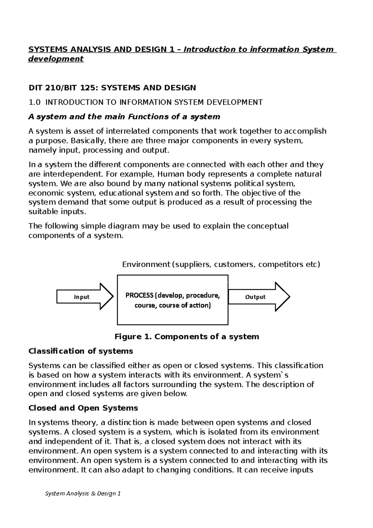 Unit 1 - Lecture notes 1 - SYSTEMS ANALYSIS AND DESIGN 1 – Introduction ...