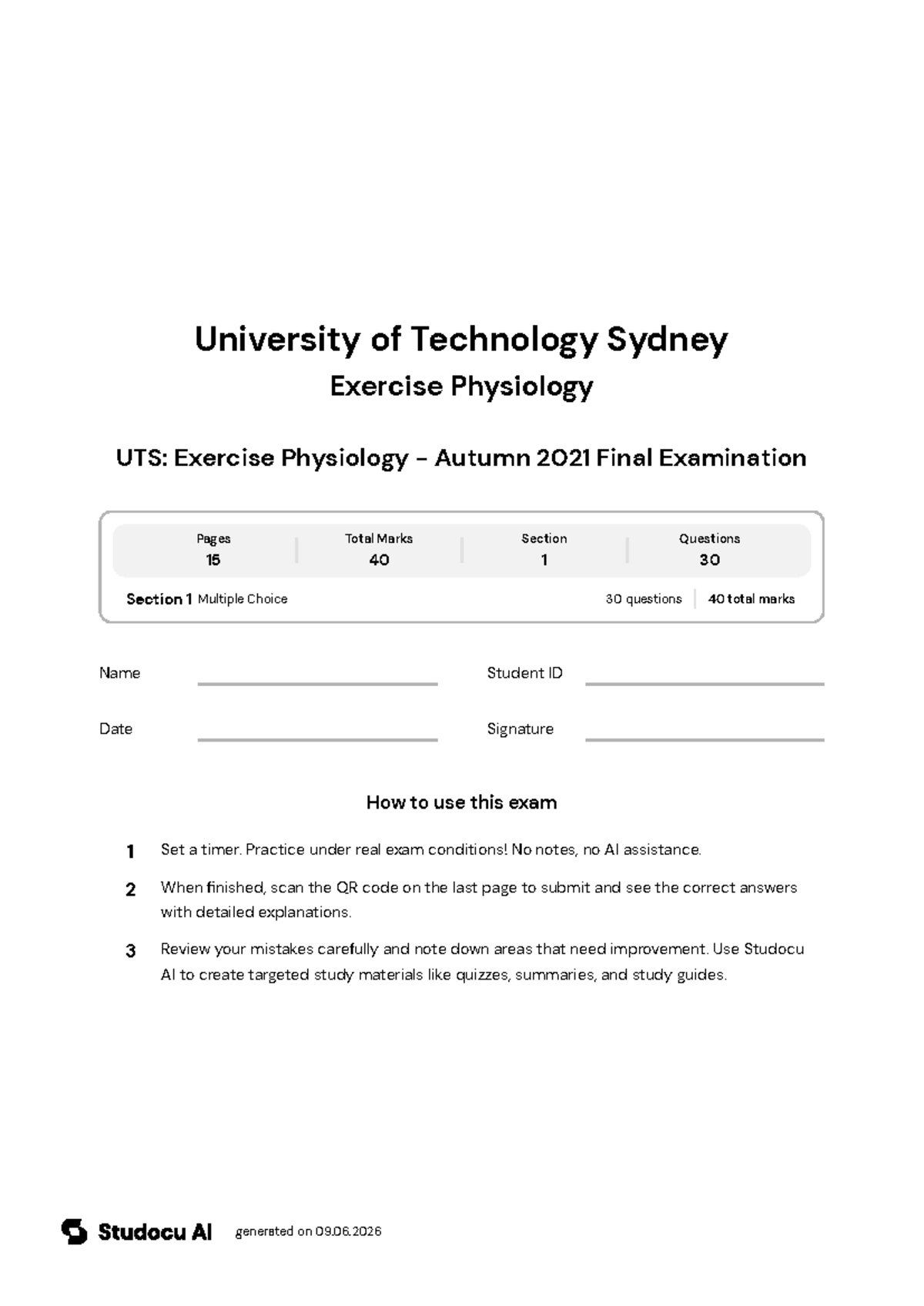 UTS: Exercise Physiology - Autumn 2021 Final Exam - Studocu