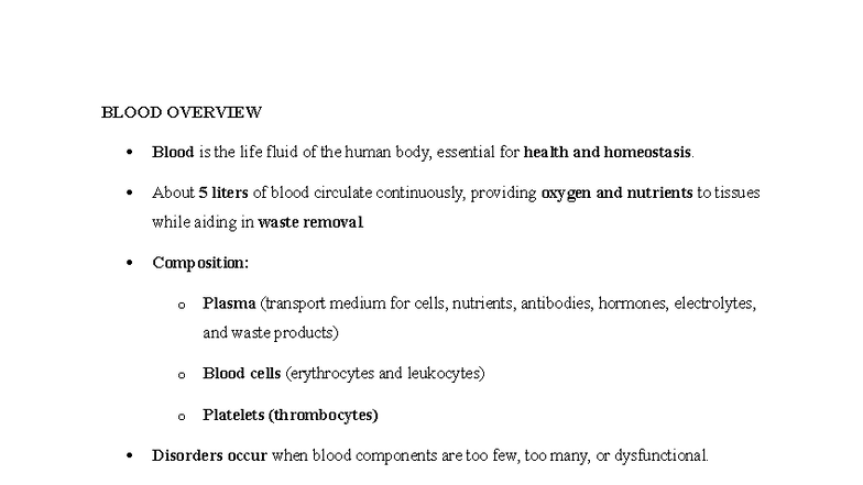 Chapter 3 Pathophysiology: Blood Overview and Disorders - Studocu