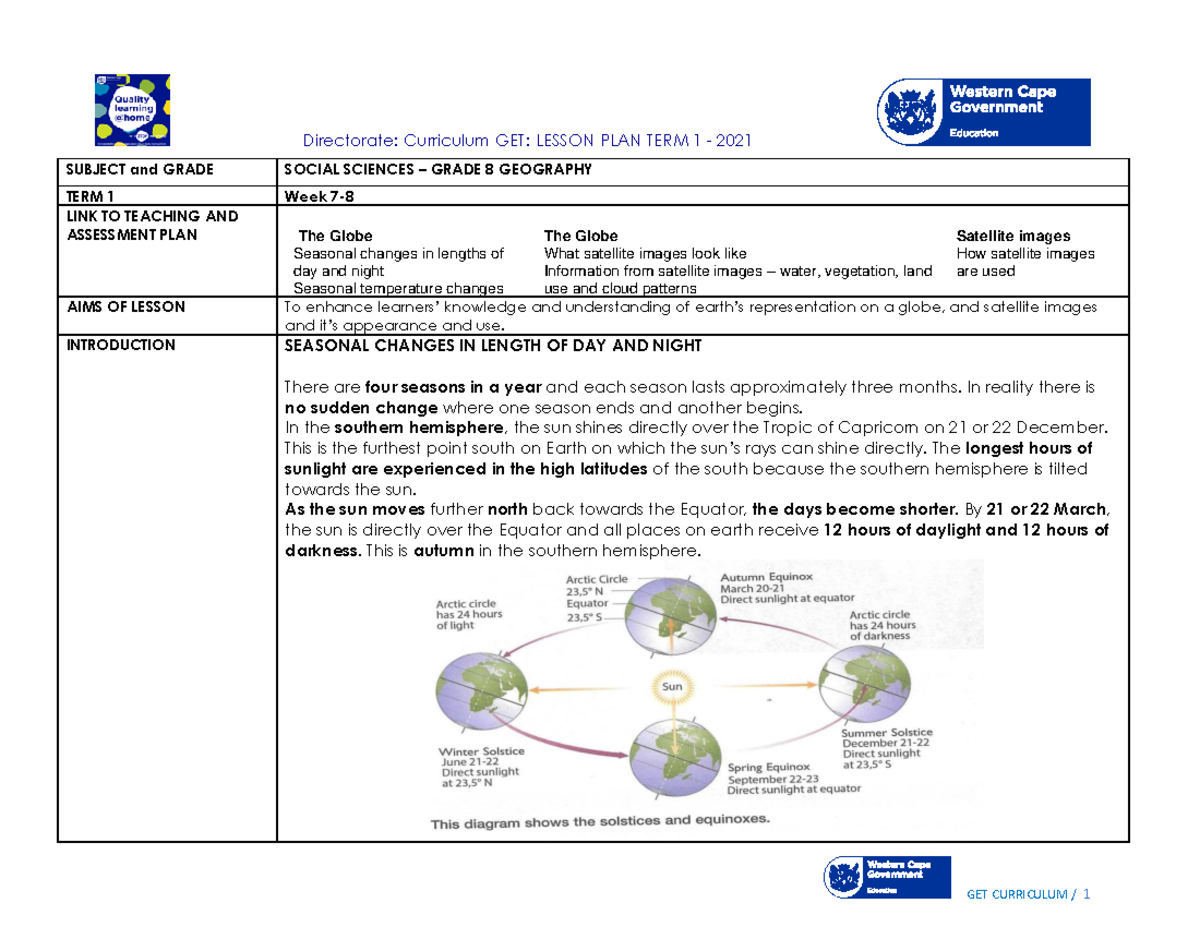 Lesson Plan SP Grade 8 SS Geography T1 Weeks 7-8: The Globe & Seasons ...