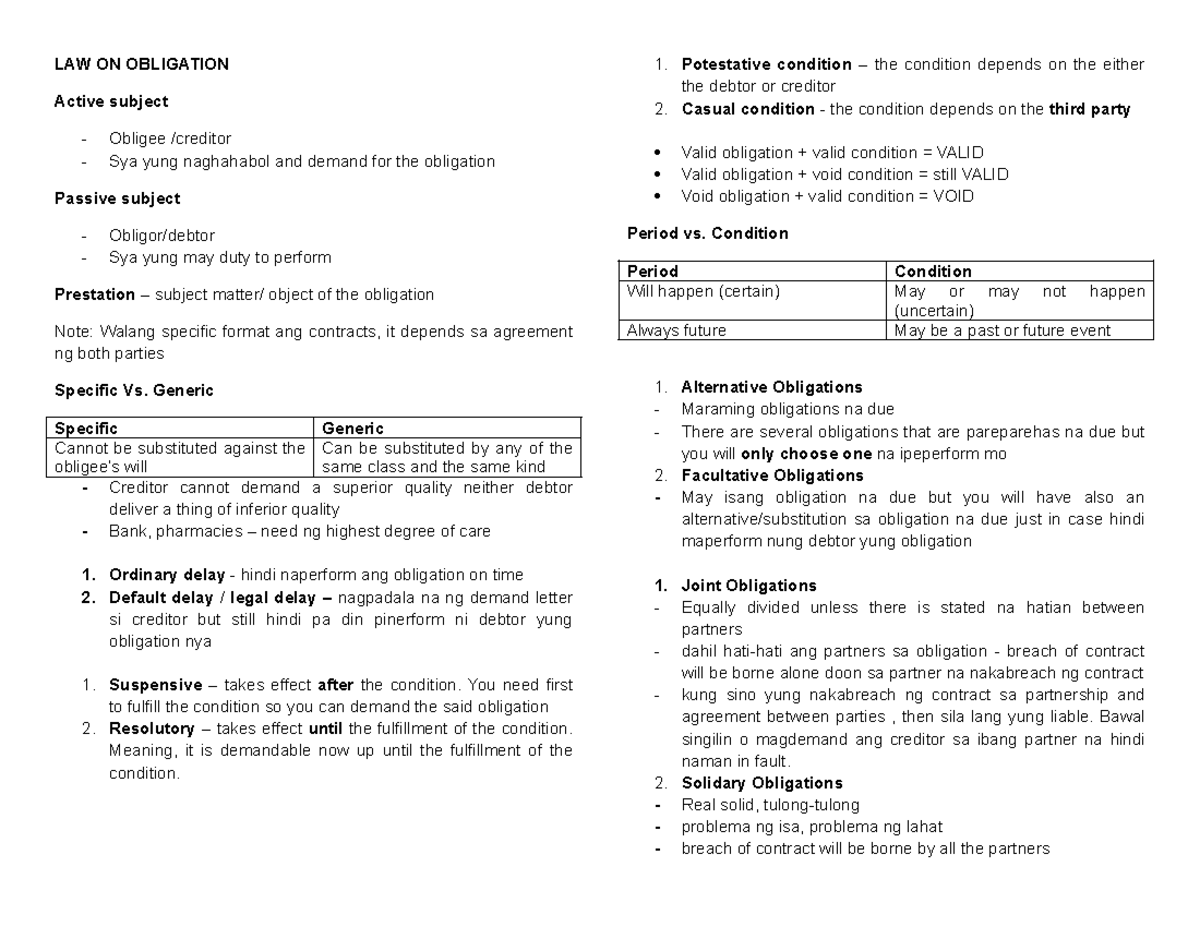 LAW ON OBLIGATION: Key Concepts and Principles Overview - Studocu