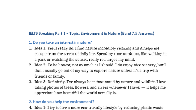 IELTS Speaking Part 1: Environment (Band 7.5 Responses) - Studocu