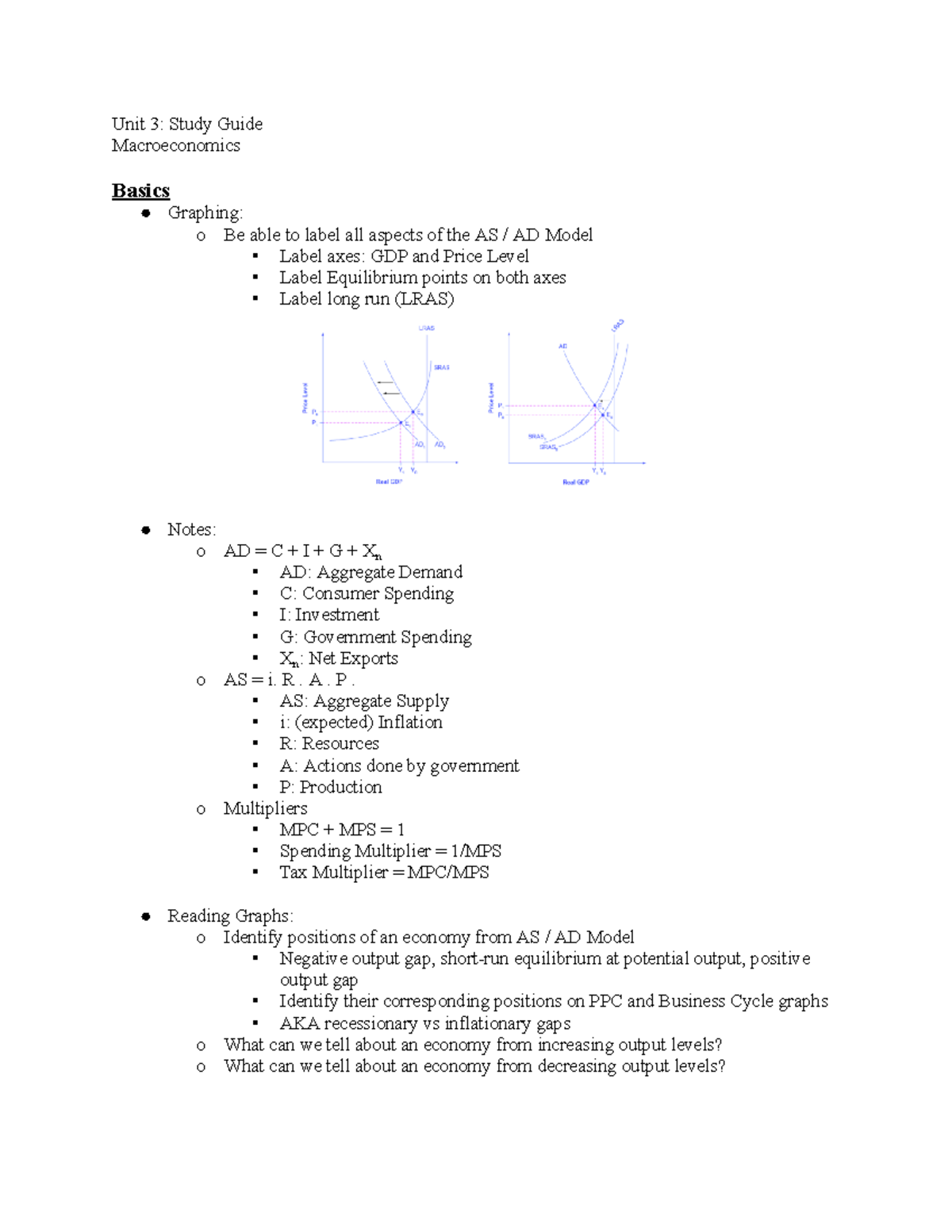Macroeconomics Unit 3 Study Guide: AS/AD Model and Key Concepts - Studocu