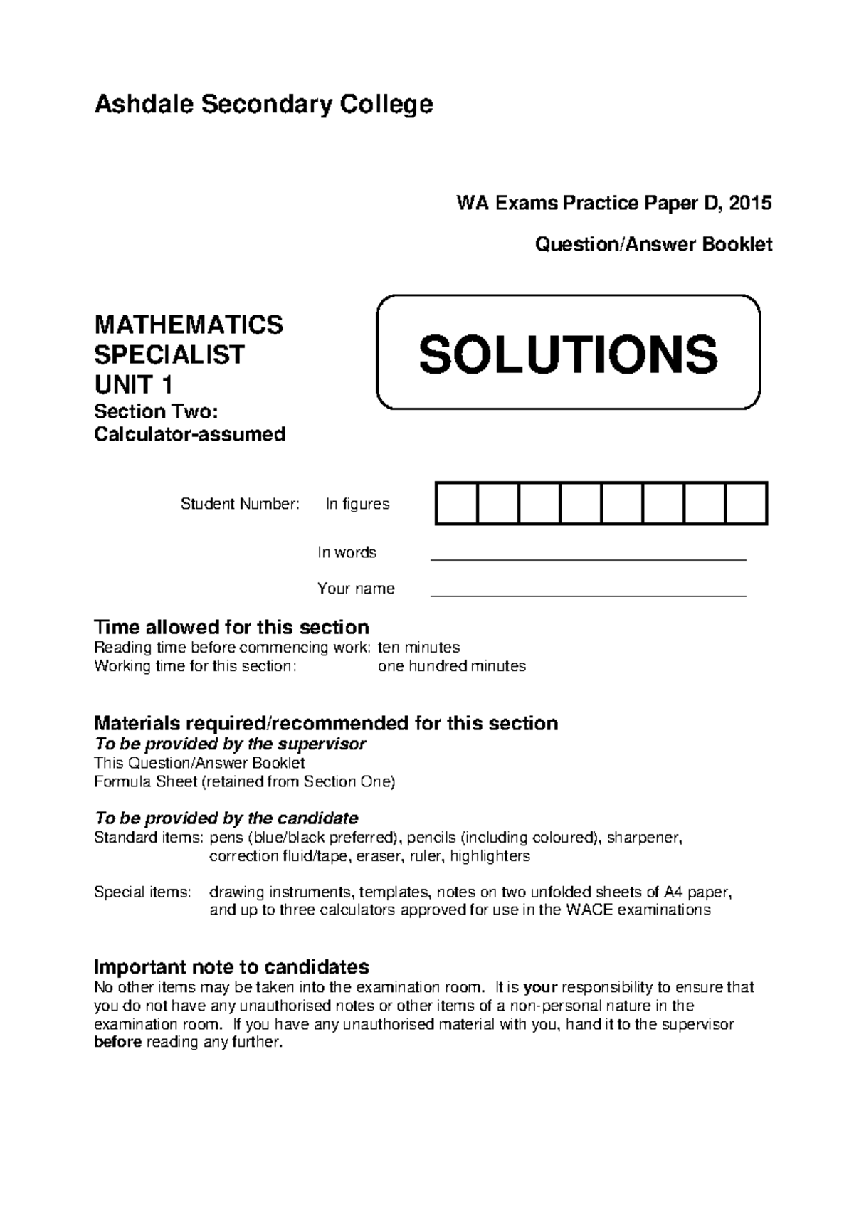 WAEP 2015 MATHEMATICS SPECIALIST UNIT 1 PRACTICE PAPER D SOLUTIONS ...