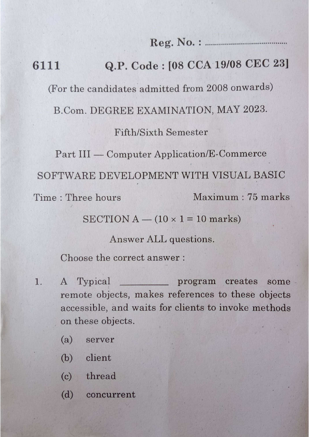 Software Development with Visual Basic - Exam Questions (MAY 2023 ...