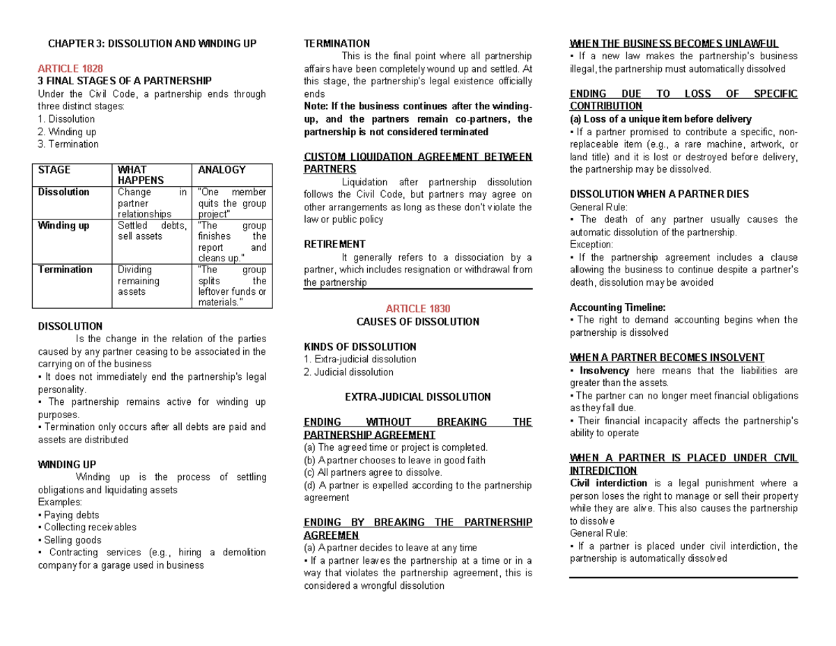 CHAPTER 3: DISSOLUTION & WINDING UP OF PARTNERSHIPS (CIVIL CODE) - Studocu