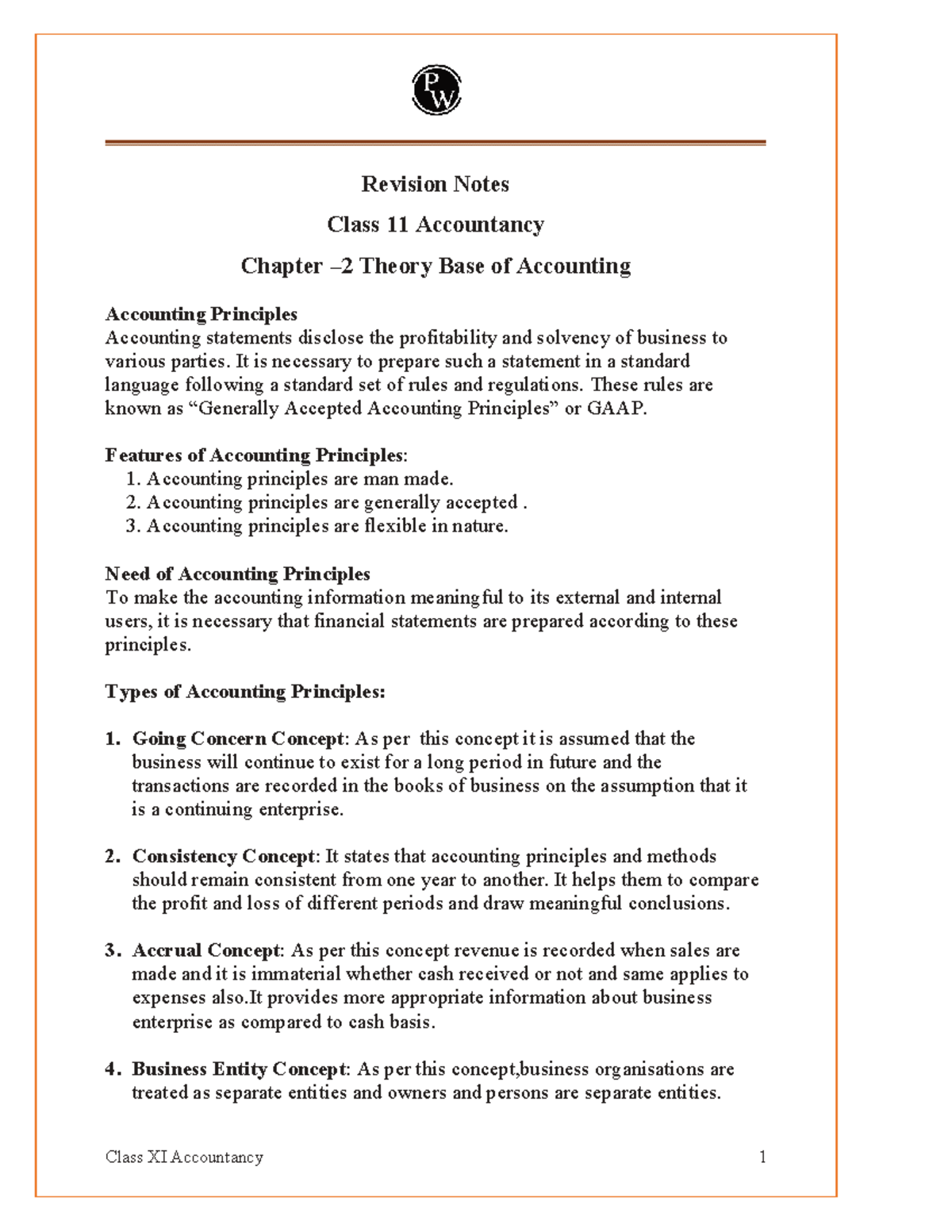 Class 11 Accountancy Revision Notes: Accounting Principles & Standards ...
