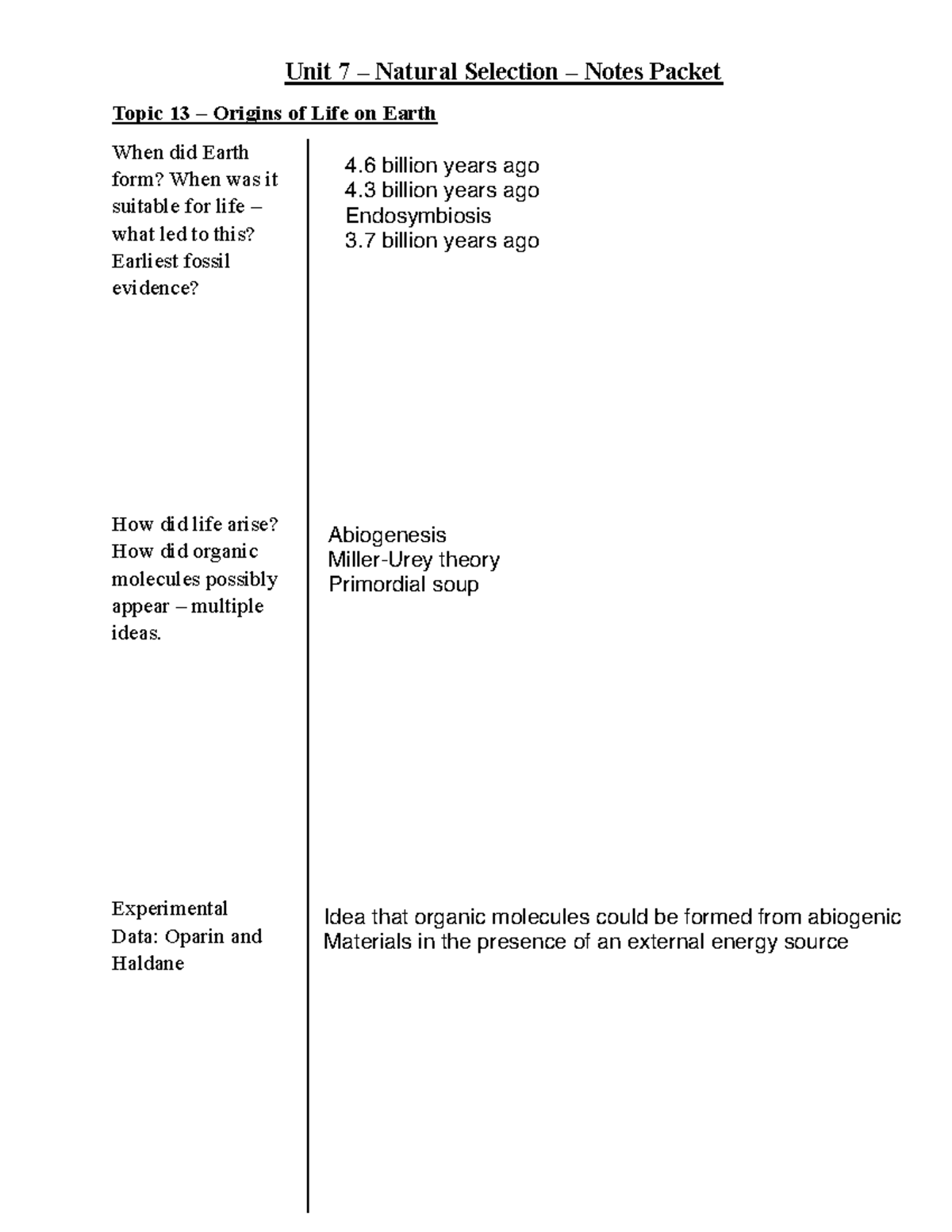 Unit 7 - Natural Selection & Evolution Notes Packet - Studocu