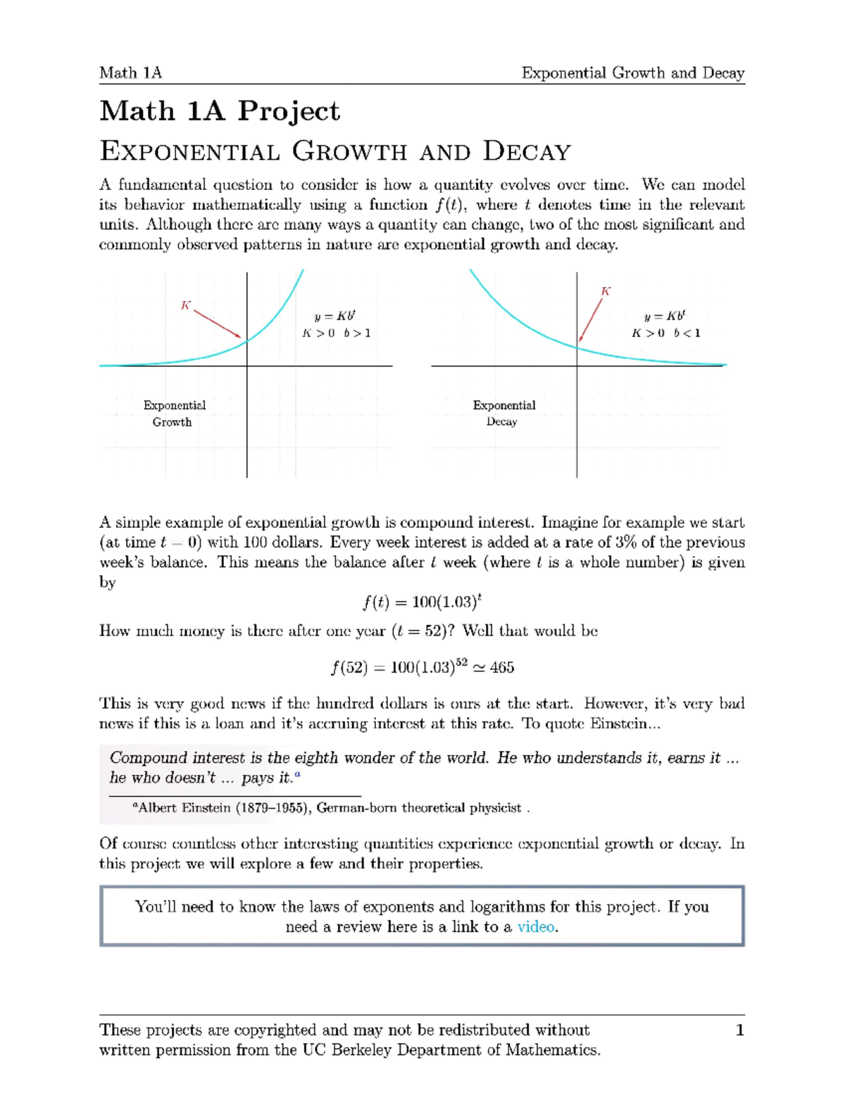 Project 1 - exponential growth and decay - Math lA Exponential Growth ...