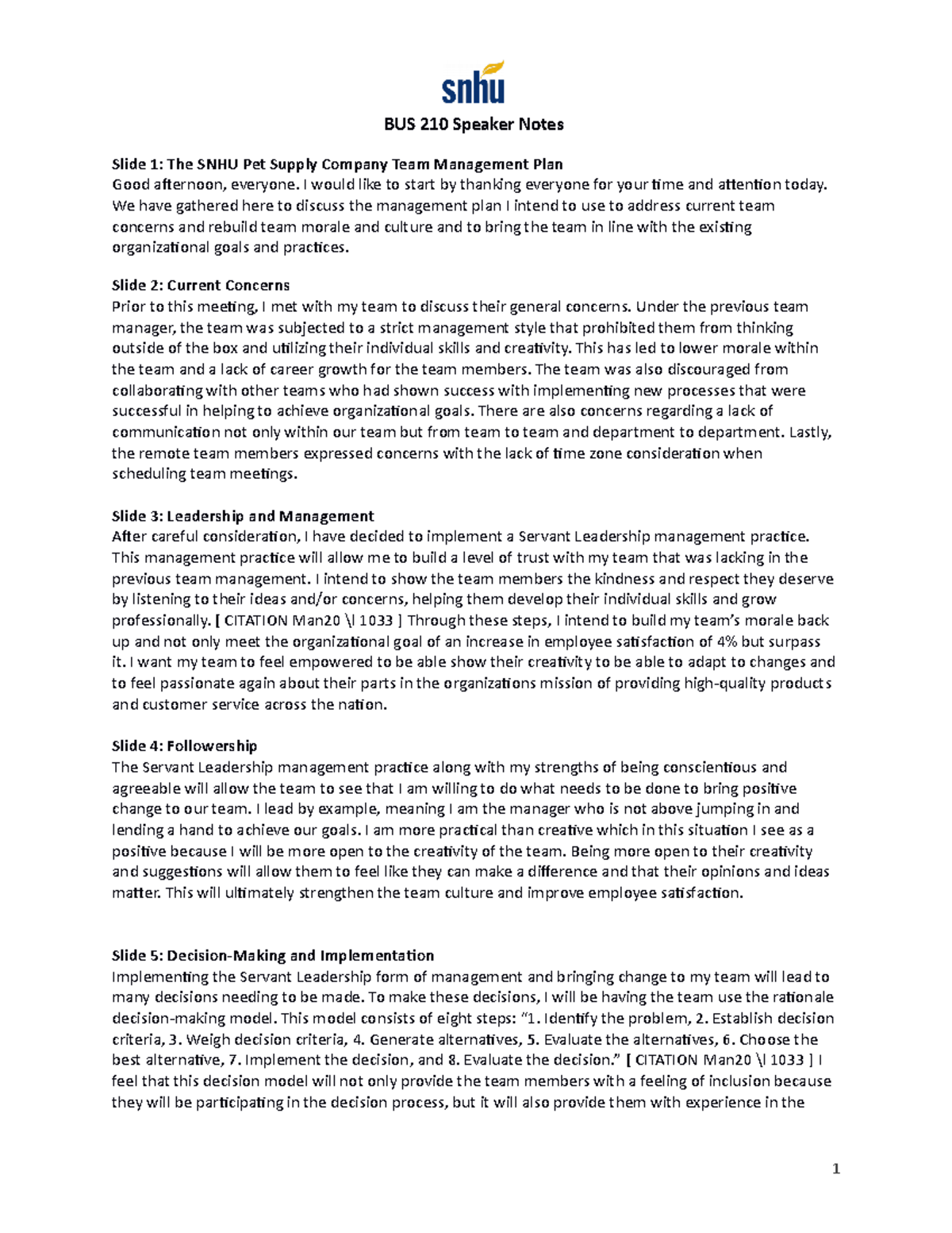 BUS 210 Speaker Notes for Team Management Project 1 - Studocu