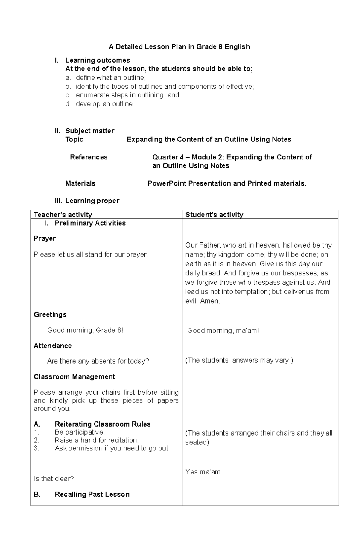 Lesson Plan DLP: Outlining Techniques for Grade 8 English - Studocu