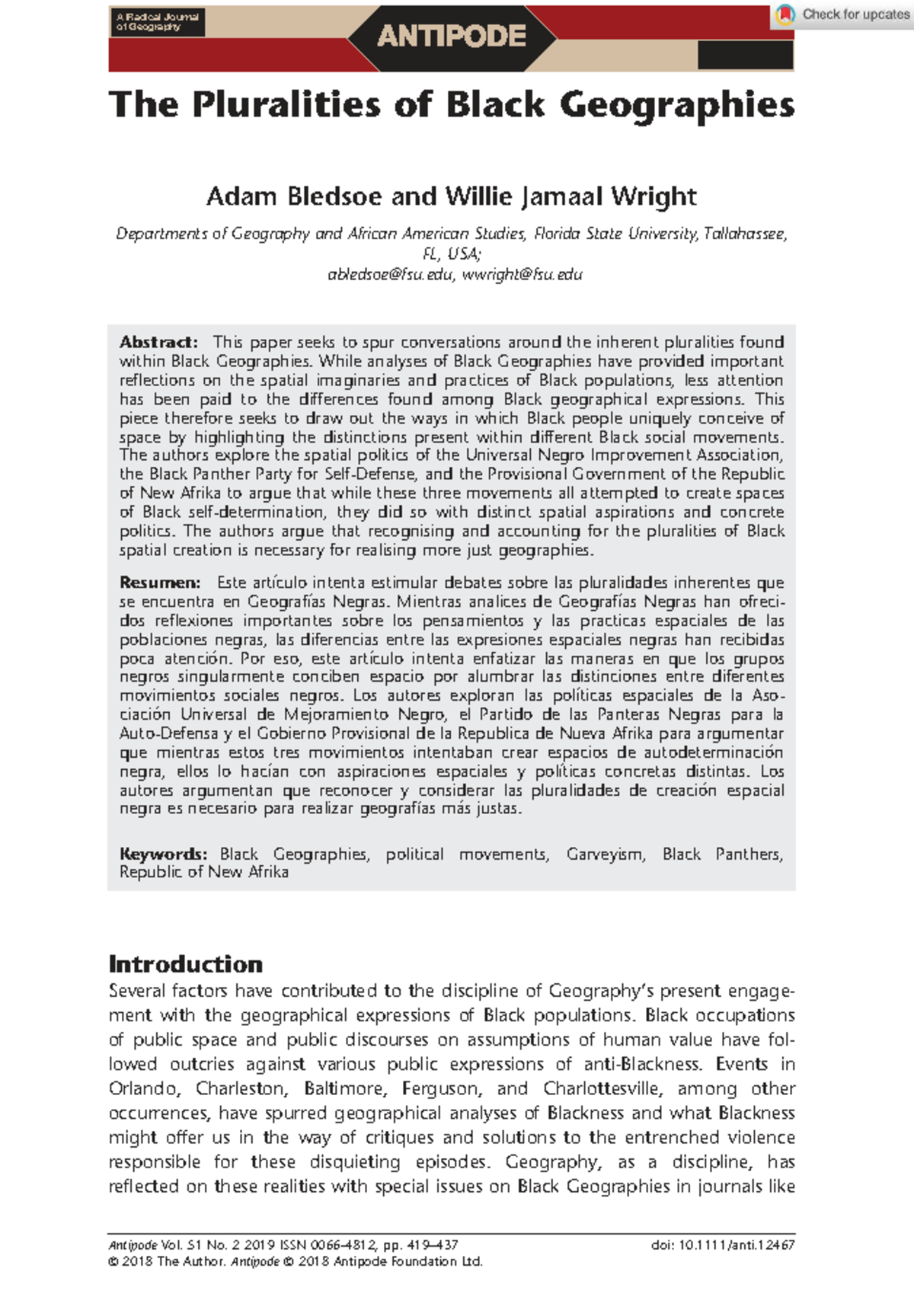 The Pluralities of Black Geographies: UNIA, Black Panthers, and PGRNA ...