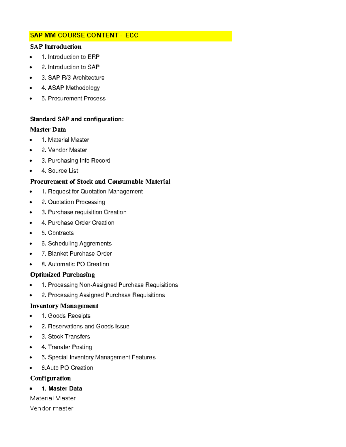 SAP MM Course Content Overview: Key Concepts & Processes - Studocu