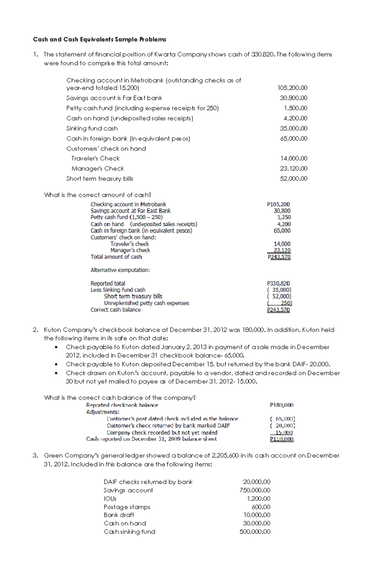 Cash and Cash Equivalents Sample Problems for Financial Analysis - Studocu