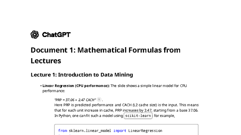 Mathematical Formulas from Lectures: Data Mining Concepts (Course Code ...