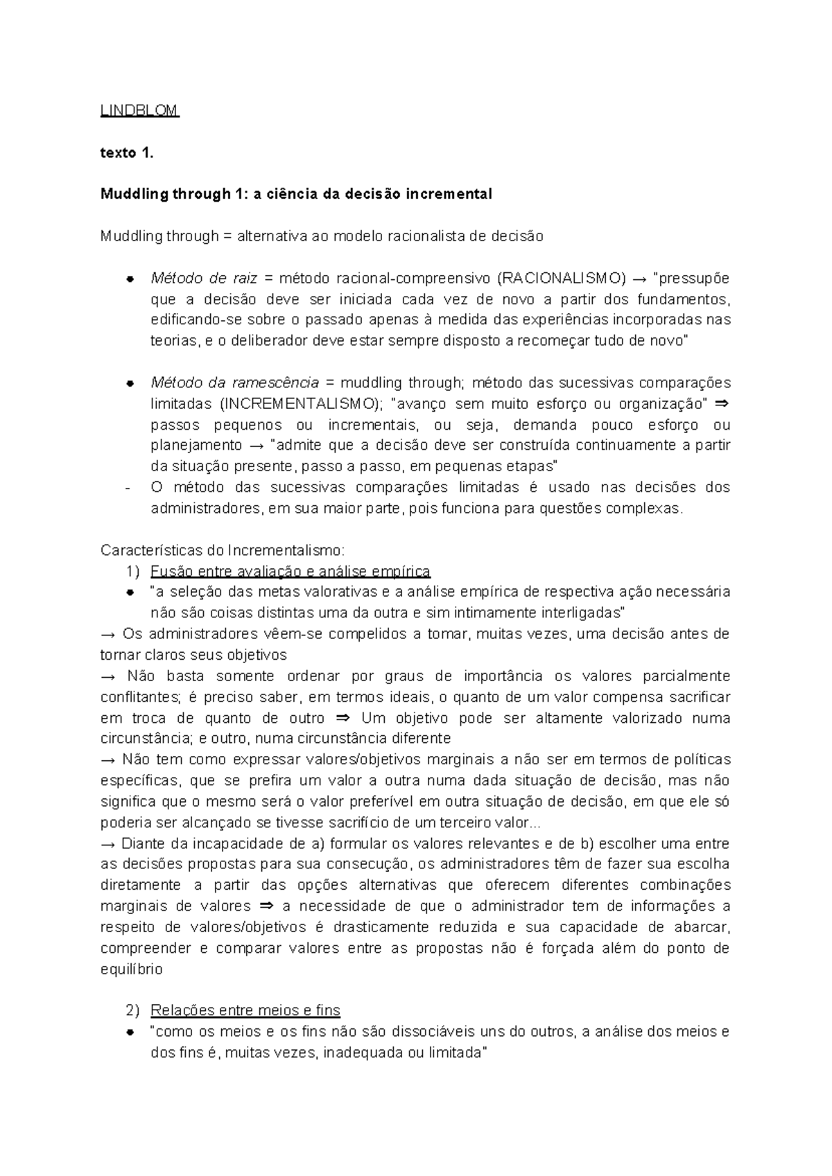 Resumo sobre Incrementalismo em Decisões de Política Pública - LINDBLOM ...