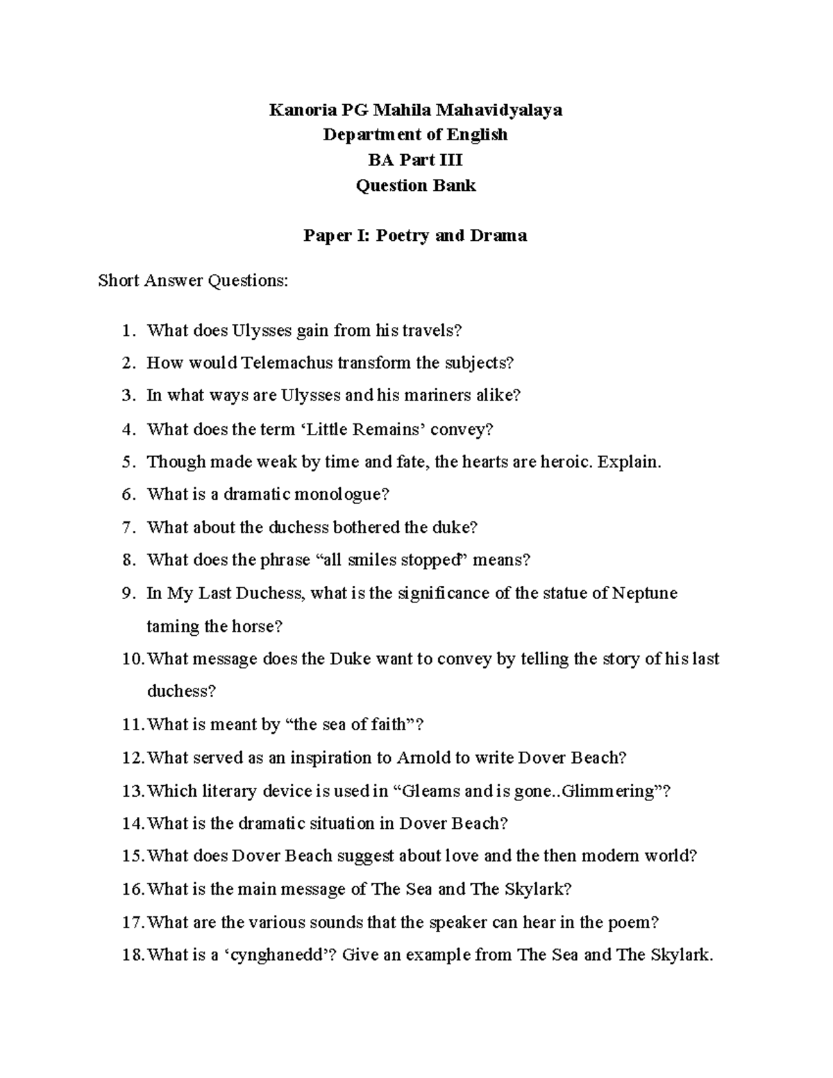 Poetry and Drama - BA Part III Question Bank and Key Concepts - Studocu