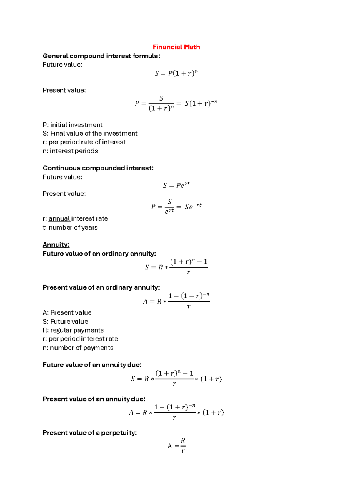 ECON1202 Wk 1 Key Formula Summary - Financial Maths - Financial Math ...
