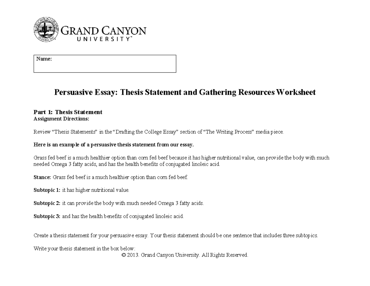 PHI105 T3 Persuasive Essay: Thesis Statement & Resource Gathering Guide ...