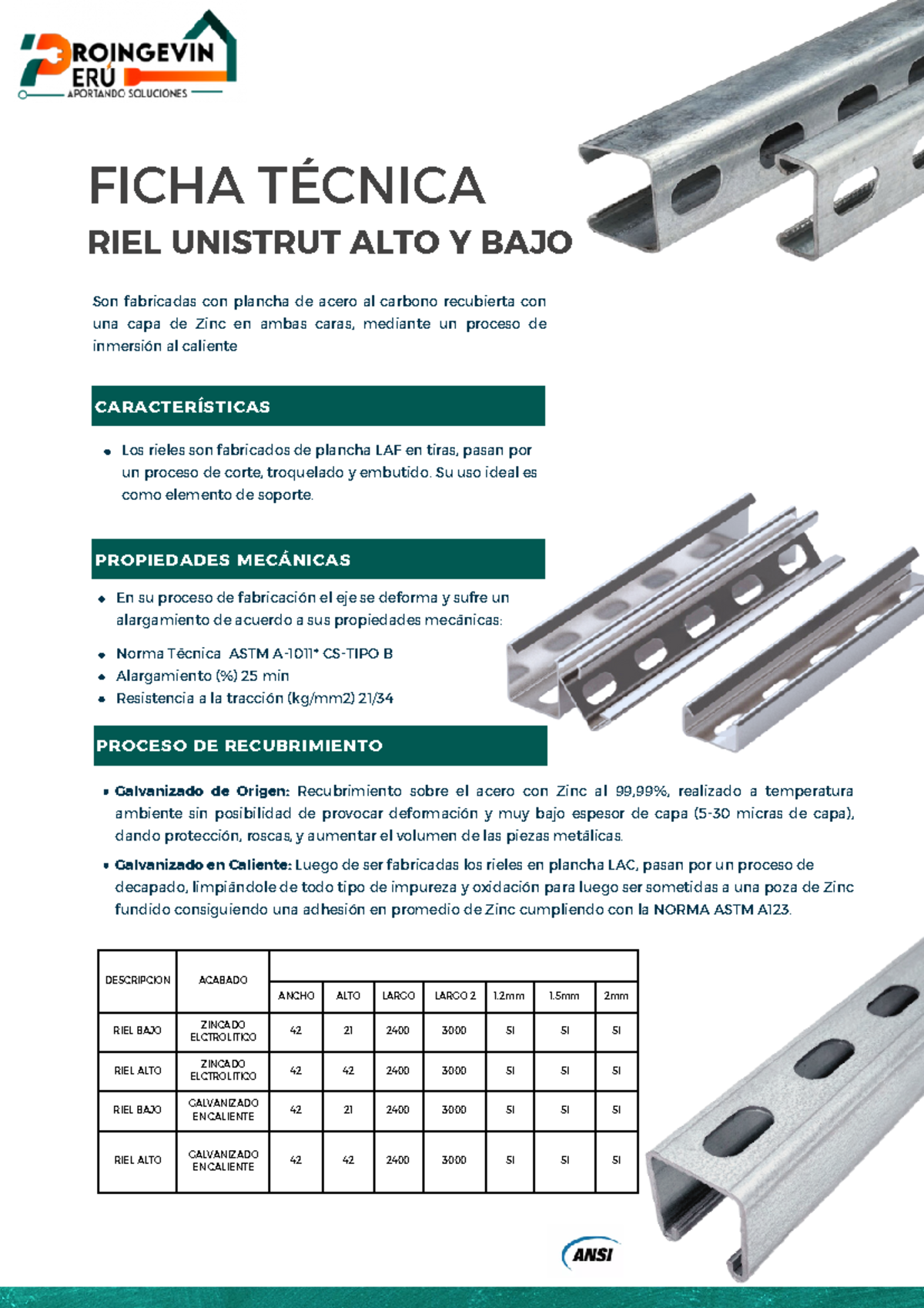Ficha Técnica RIEL Unistrut ALTO Y BAJO: Características y Propiedades ...