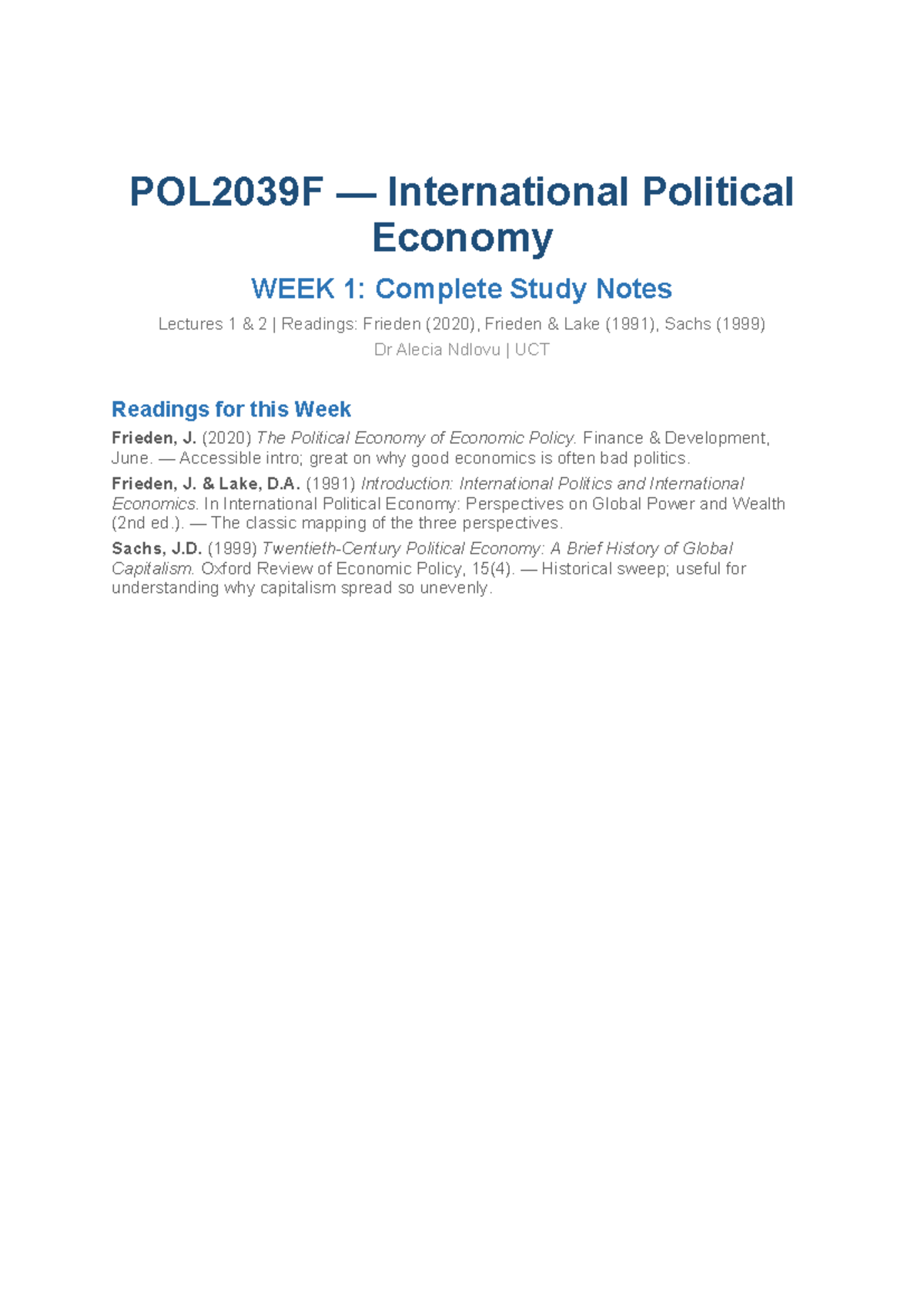 POL2039F International Political Economy WEEK 1: Analytical ...