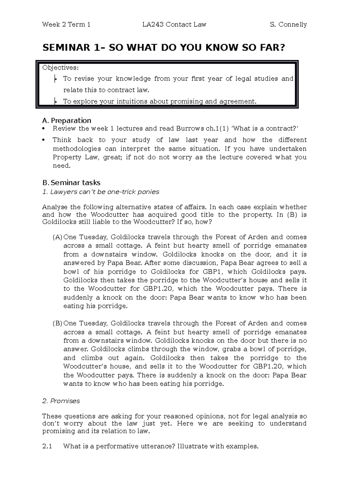 LA243 Seminar 1: Understanding Contract Law and Promising - Studocu