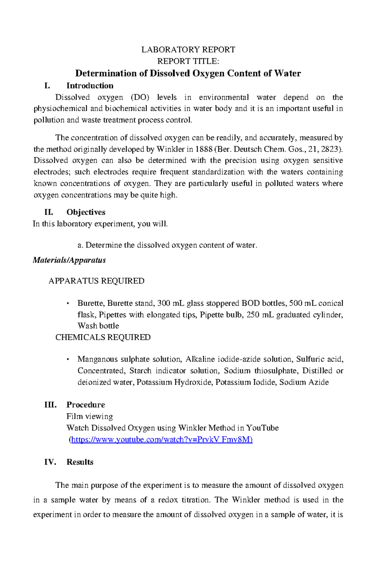 Laboratory Report: Dissolved Oxygen Measurement in Water Samples - Studocu