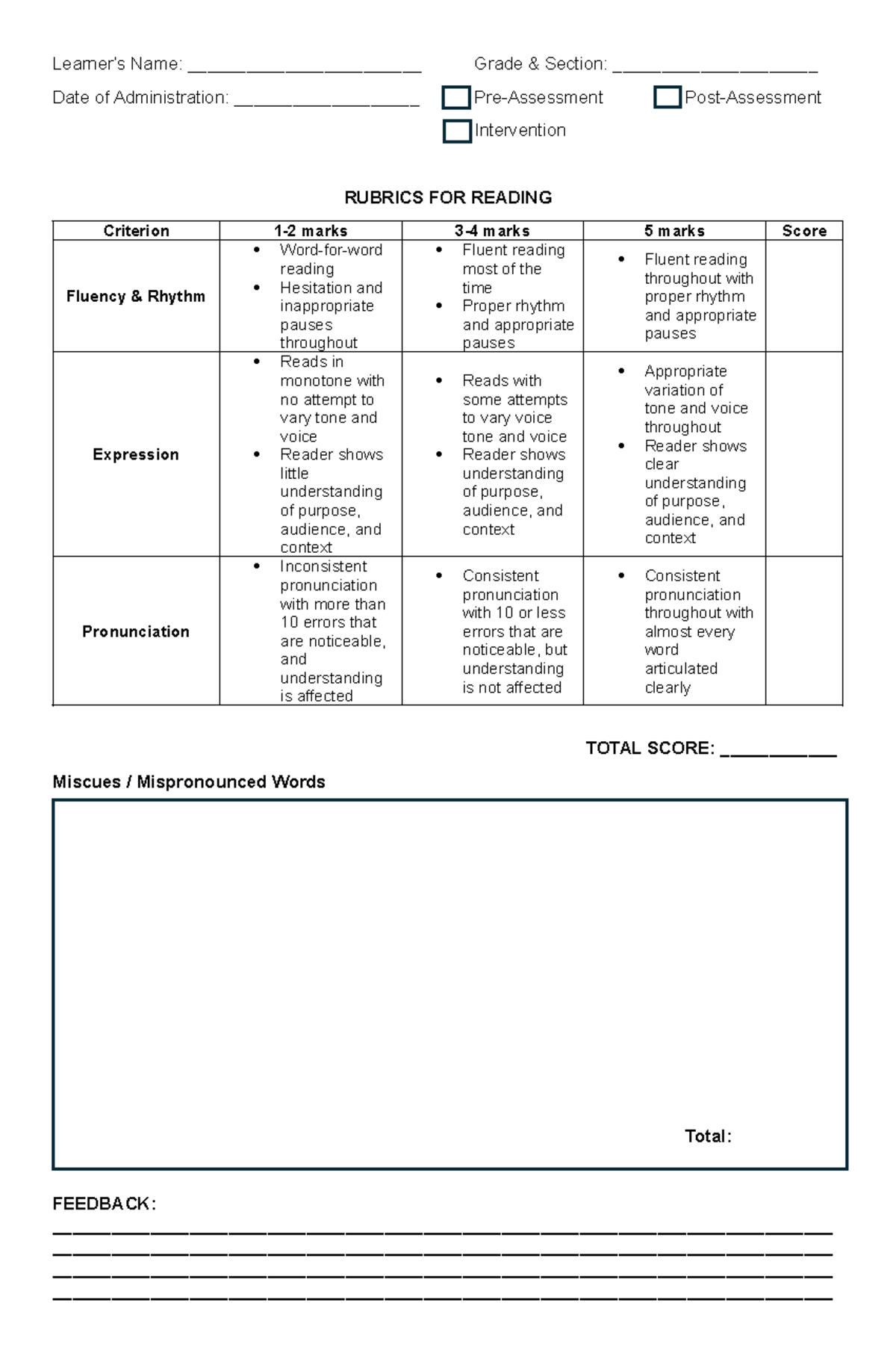 Rubrics - Rubric for reading assessment - Learner’s Name ...