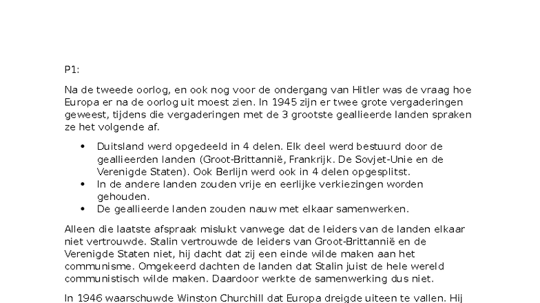 Samenvatting Toets: Koude Oorlog en Europese Samenwerking (P1-P4 ...