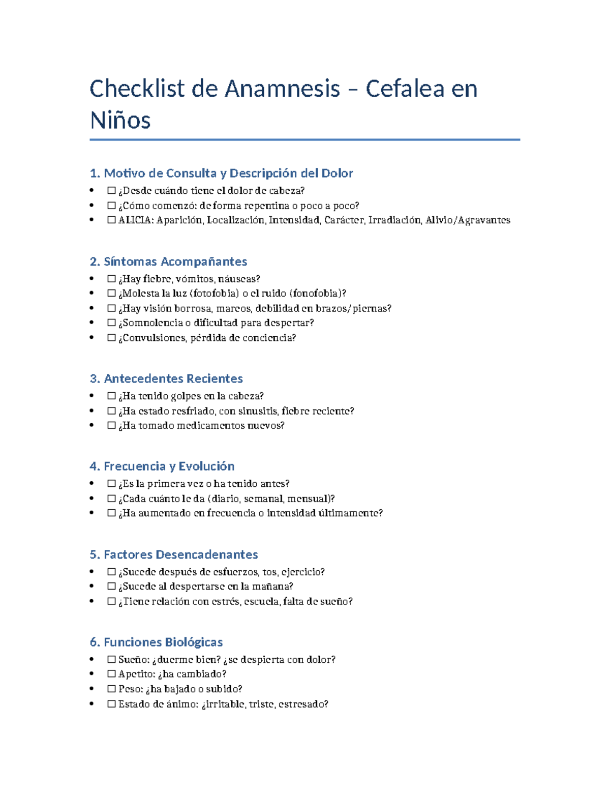 Checklist de Anamnesis para Cefalea en Niños - Studocu
