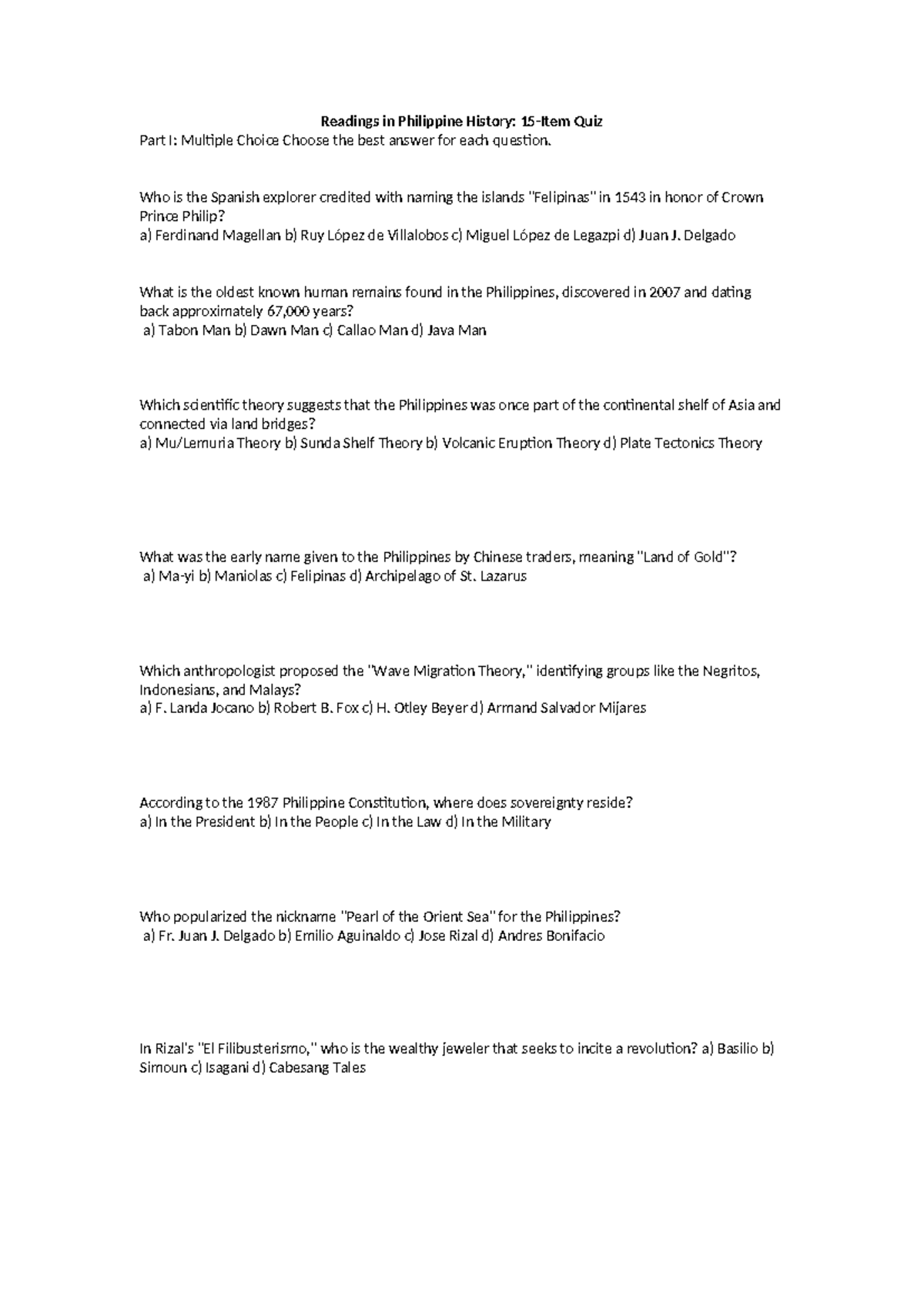 Readings in Philippine History: Quiz Part I - Multiple Choice & True ...