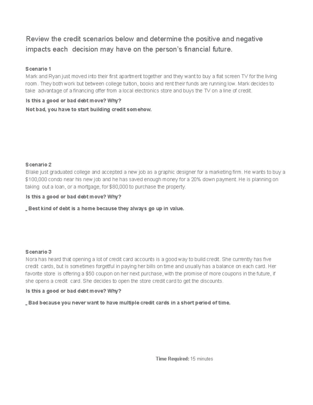 Debt Decisions Worksheet: Analyzing Financial Impacts and Scenarios ...