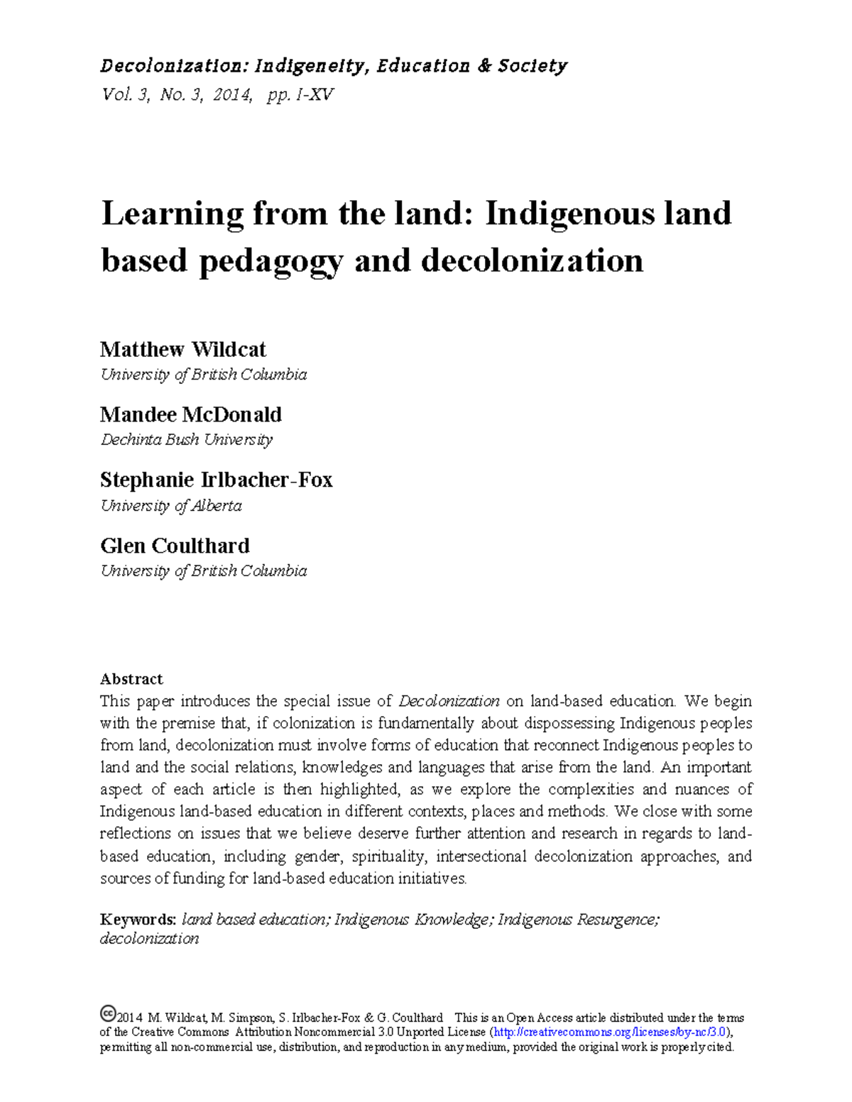 Decolonization Insights: Wildcat et al 2014 - Second Reading Analysis ...