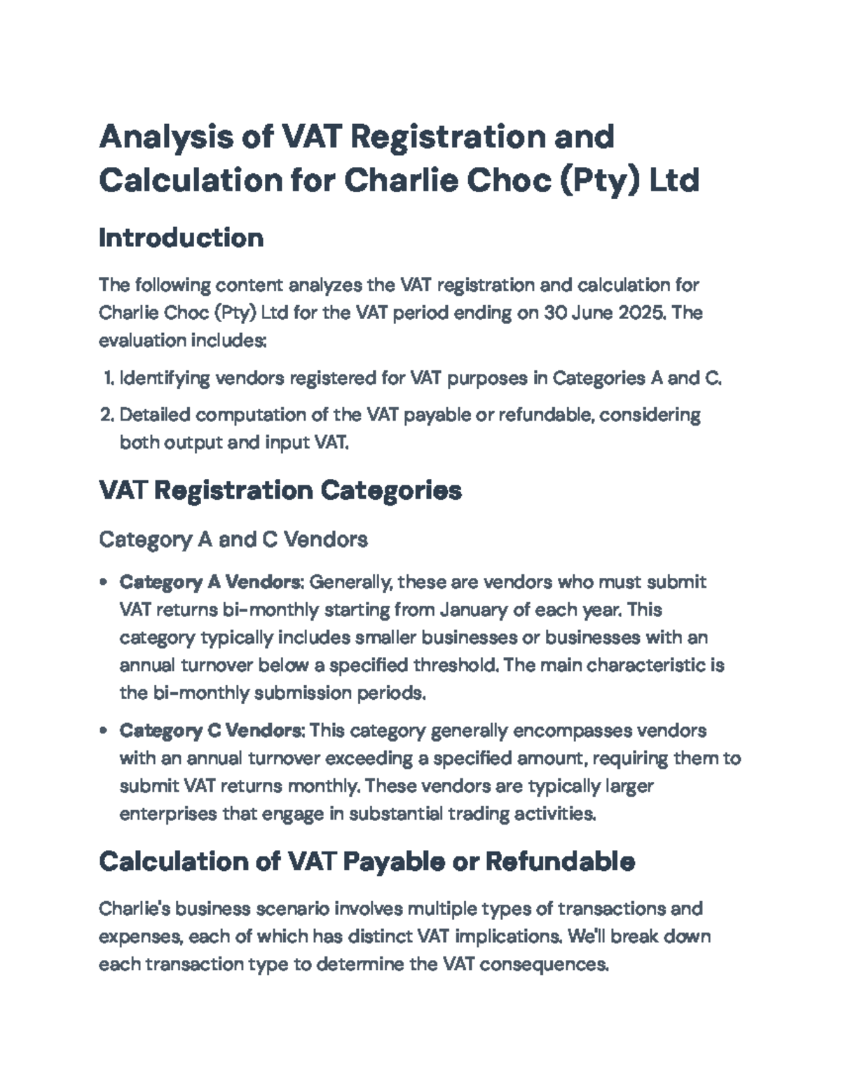 Analysis of VAT Registration and Calculation for Charlie Choc (Pty) Ltd ...